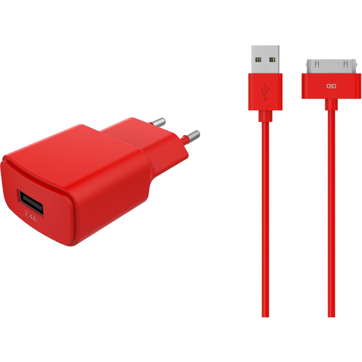 Chargeur secteur ESSENTIELB USB 2,4A + cable 30 broches rouge | Leroy ...