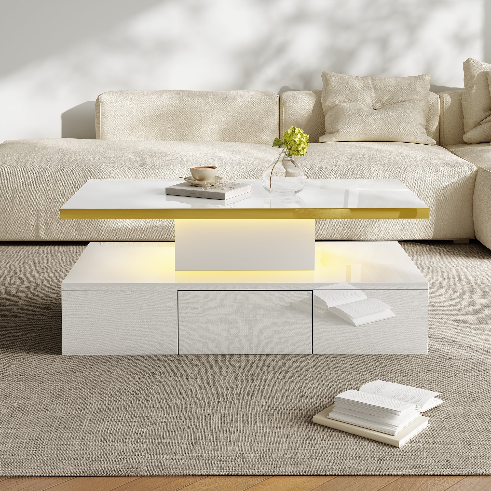 Table basse de rangement avec LED - aspect brillant - Blanc | Leroy Merlin