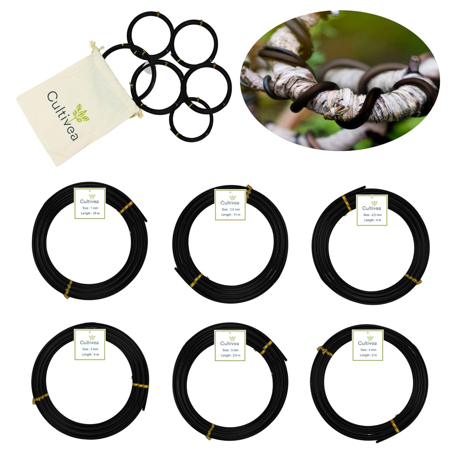 CULTIVEA® Fils pour bonsaï, lot de 6 rouleaux de fils en aluminium - 1 ...
