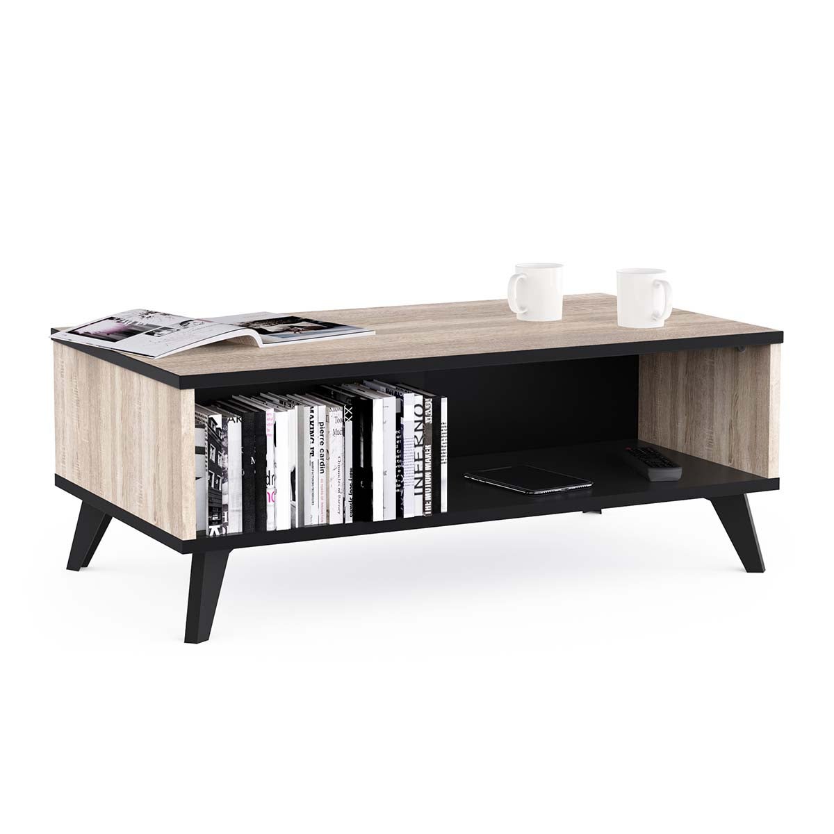 Table basse avec rangement couleur chêne / noir mat - Largeur 91,6 x ...