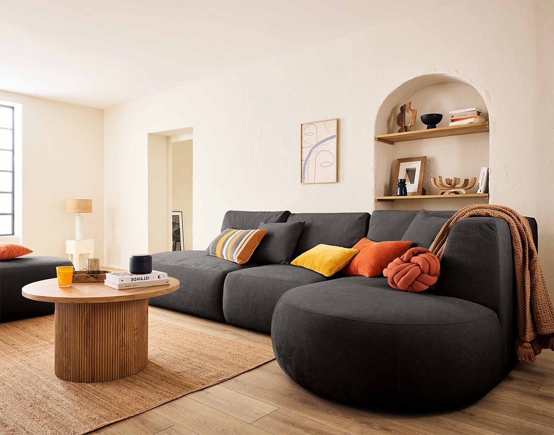 Canapé modulable 5 places angle droit en tissu texturé gris | Leroy Merlin