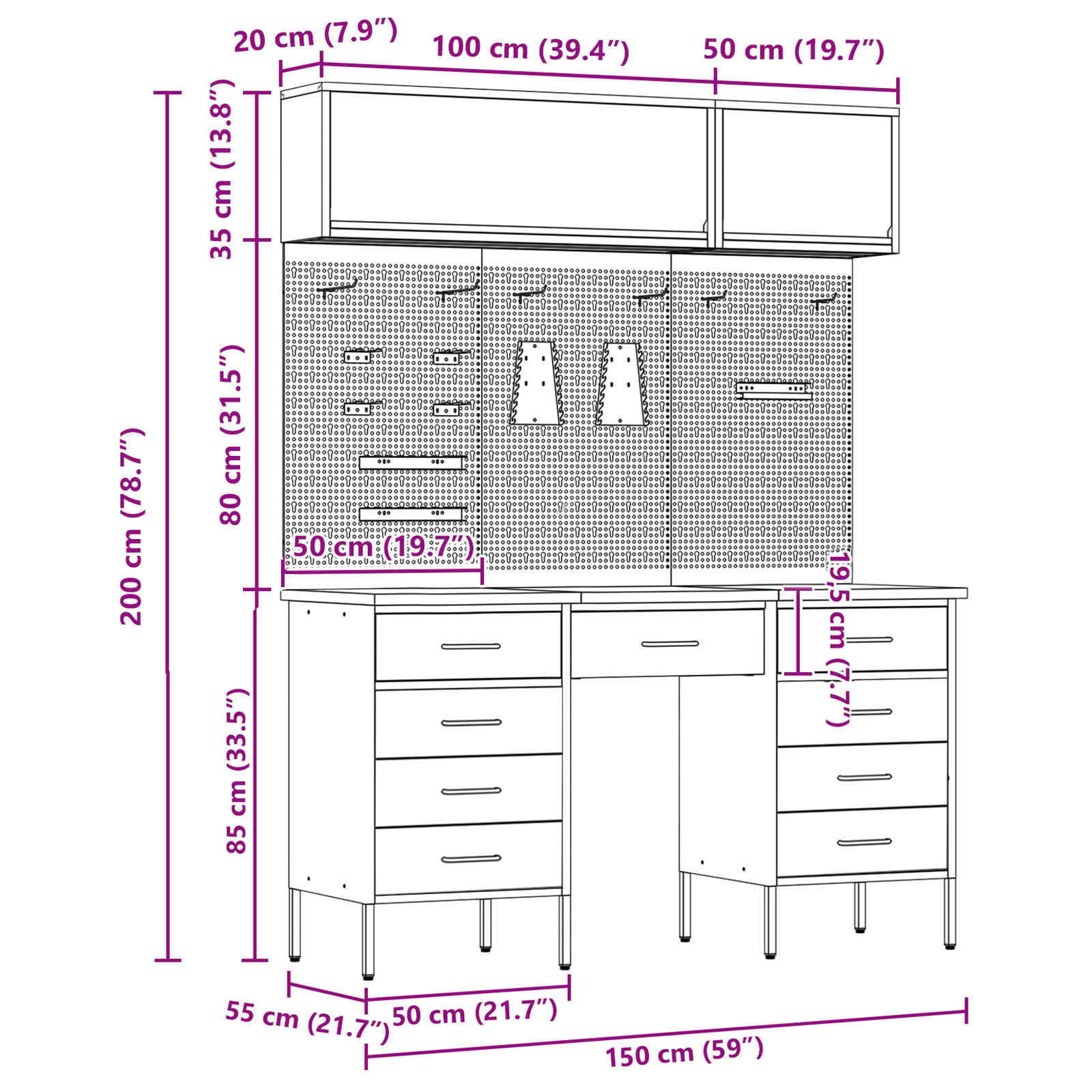 VidaXL Mueble de trabajo y panel perforado 8 piezas MDF y metal rojo ...