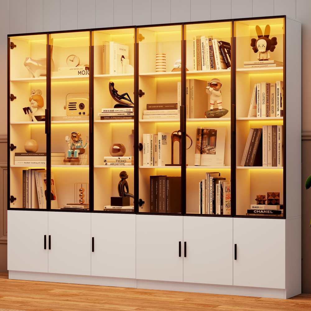 Vetrina 240x32x200 cm, 12 ante, LED app, vetro, MDF bianco, vani ...