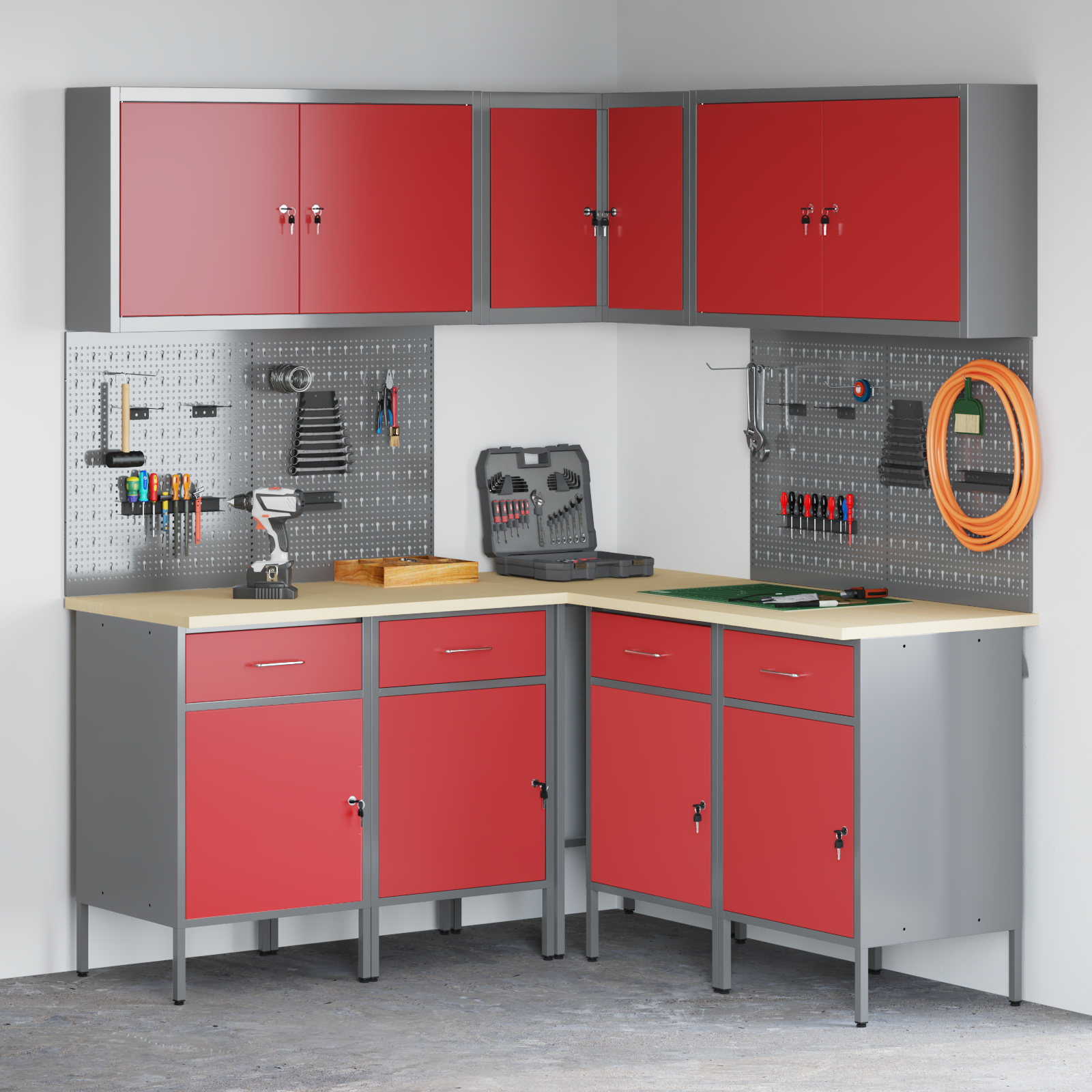 VidaXL Mueble de trabajo y panel perforado 12 piezas MDF y metal rojo ...