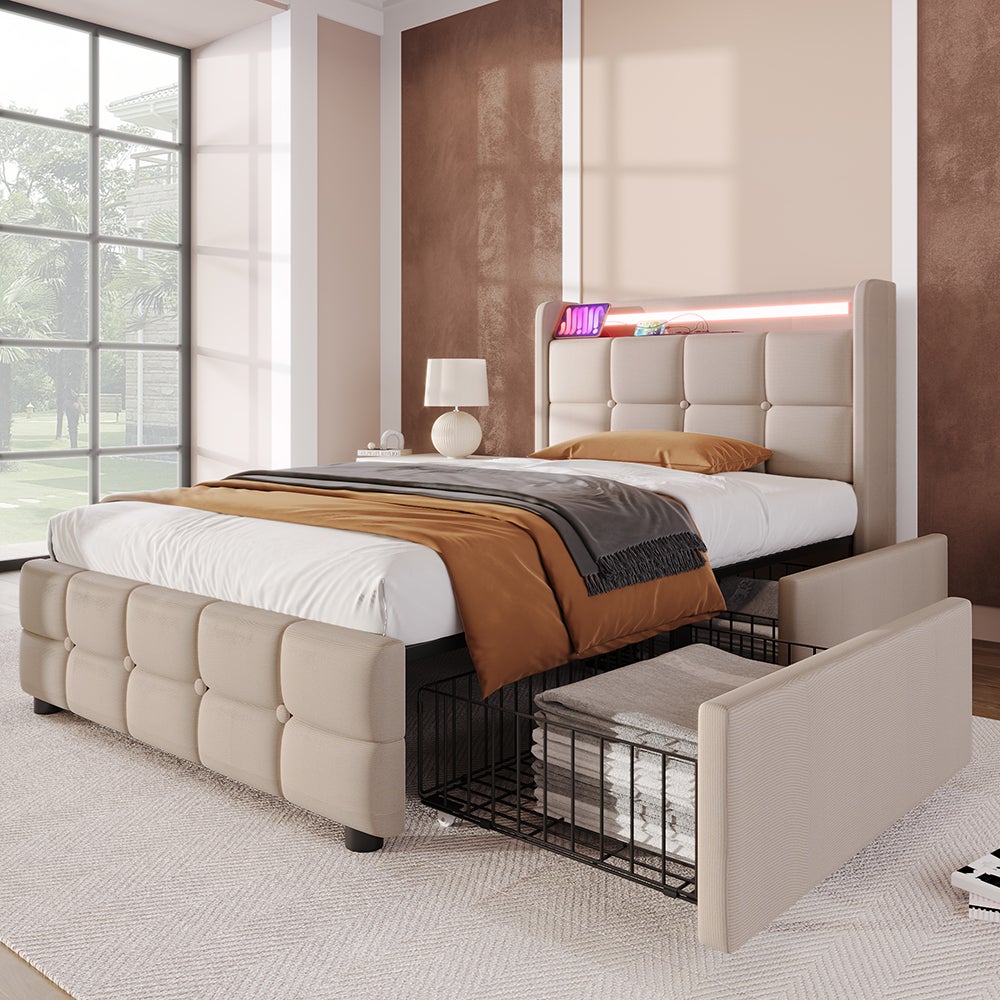 Lit avec tiroirs Lit rembourré avec fonction de recharge USB Tête de lit et éclairage LED et 2 ...
