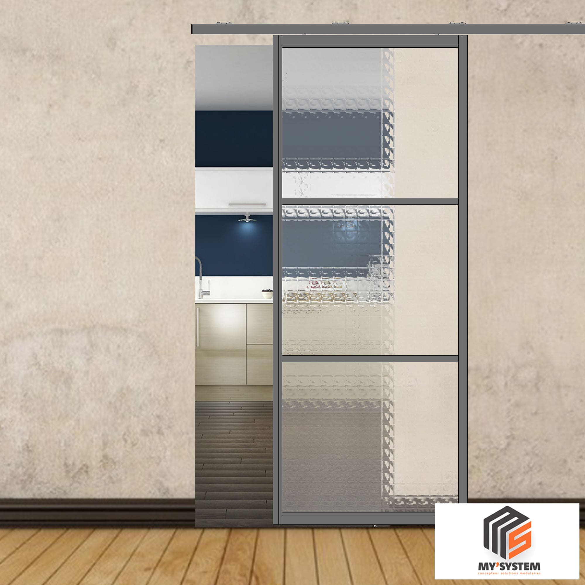 PORTE SIMPLE COULISSANTE DROITE H2088 - L867 mm - 3 VERRES HORIZONTAUX ...
