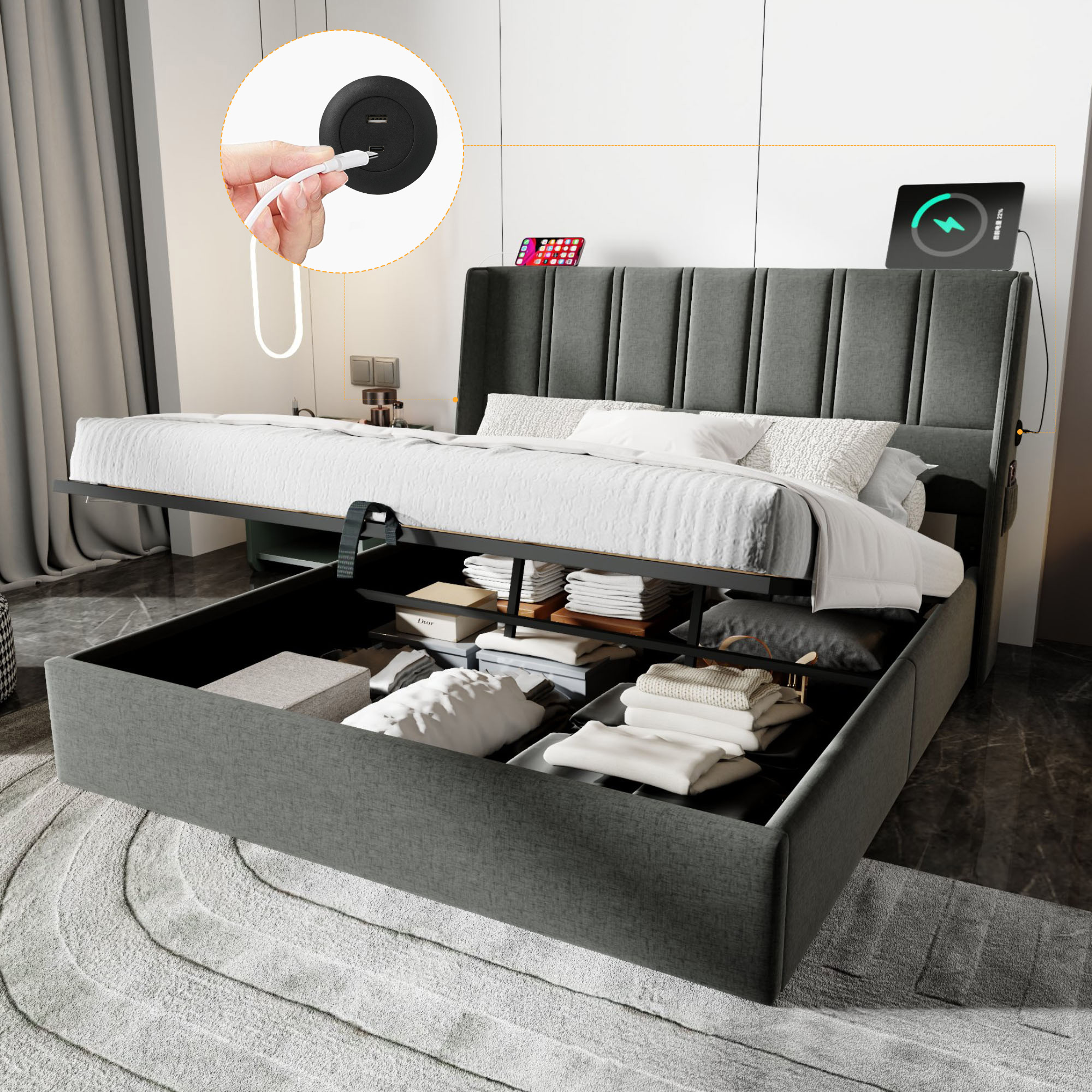 Lit rembourré lit coffre ports de charge USB/Type-C poche latérale lit ...