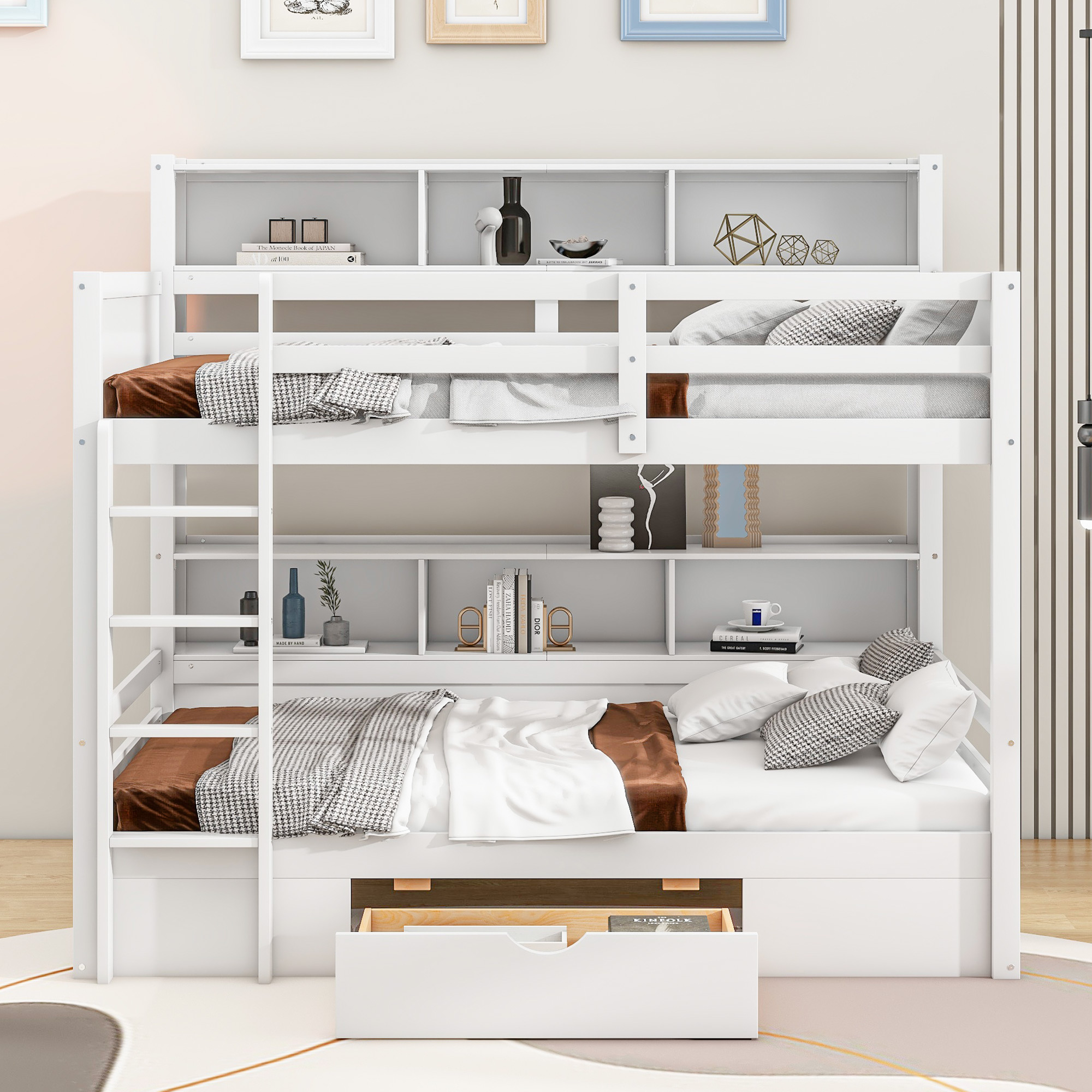 Lit superposé 2 places avec tiroir et bibliothèques - 90 x 200 cm ...