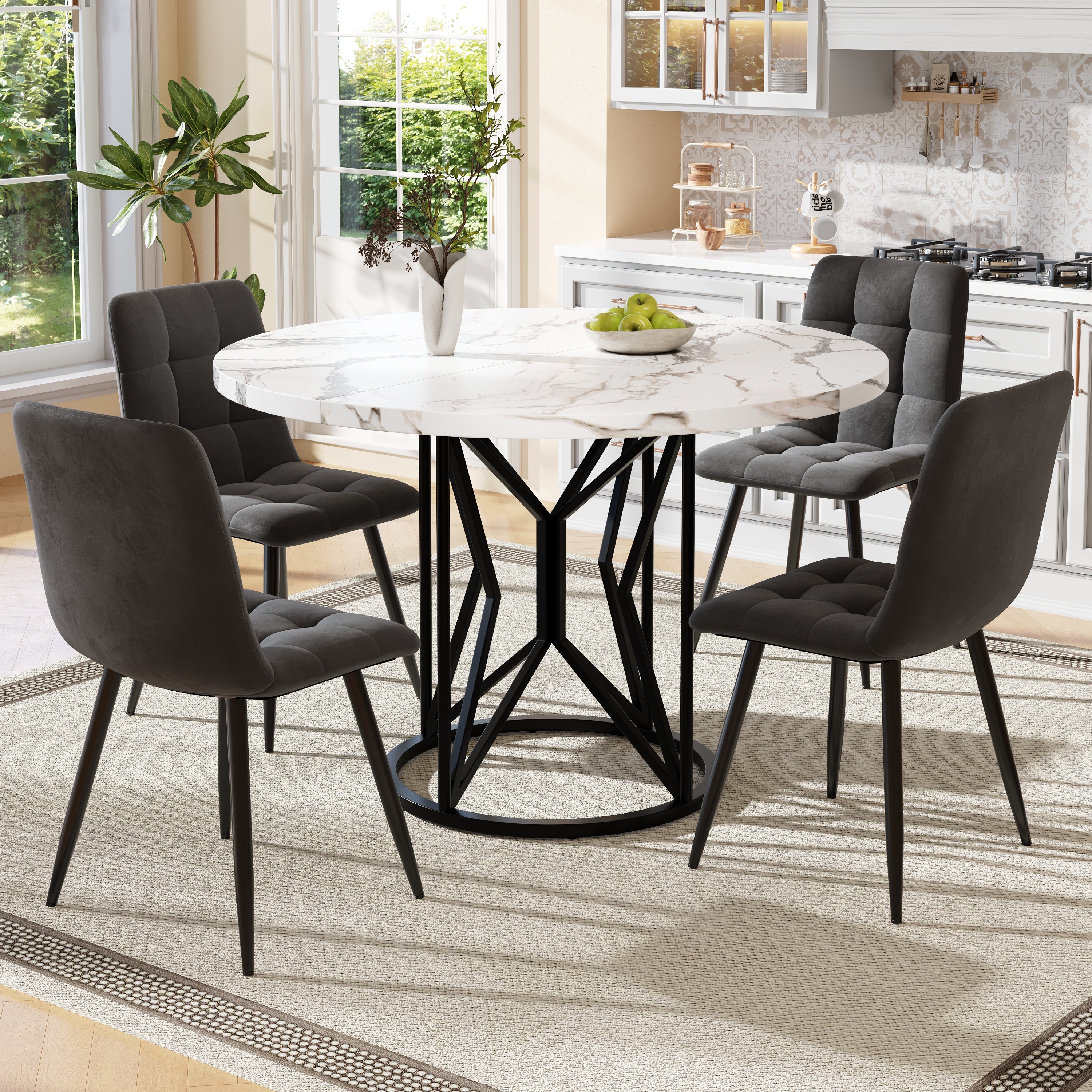 Ensemble table à manger ronde + 4 chaises en velours - D 100 x H 76 cm ...