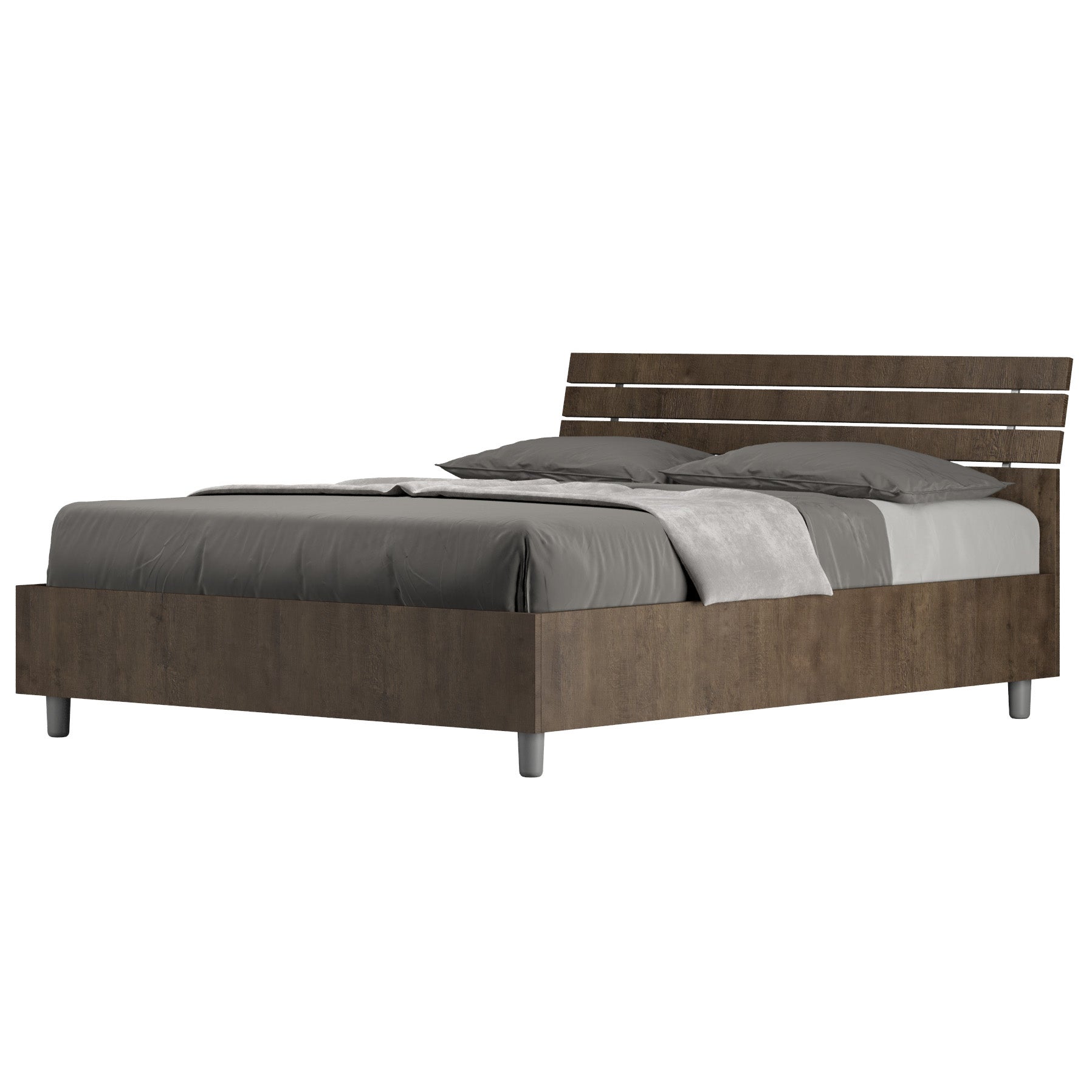 Lit avec sommier 140x190 tête de lit inclinée avec des lames noyer ...