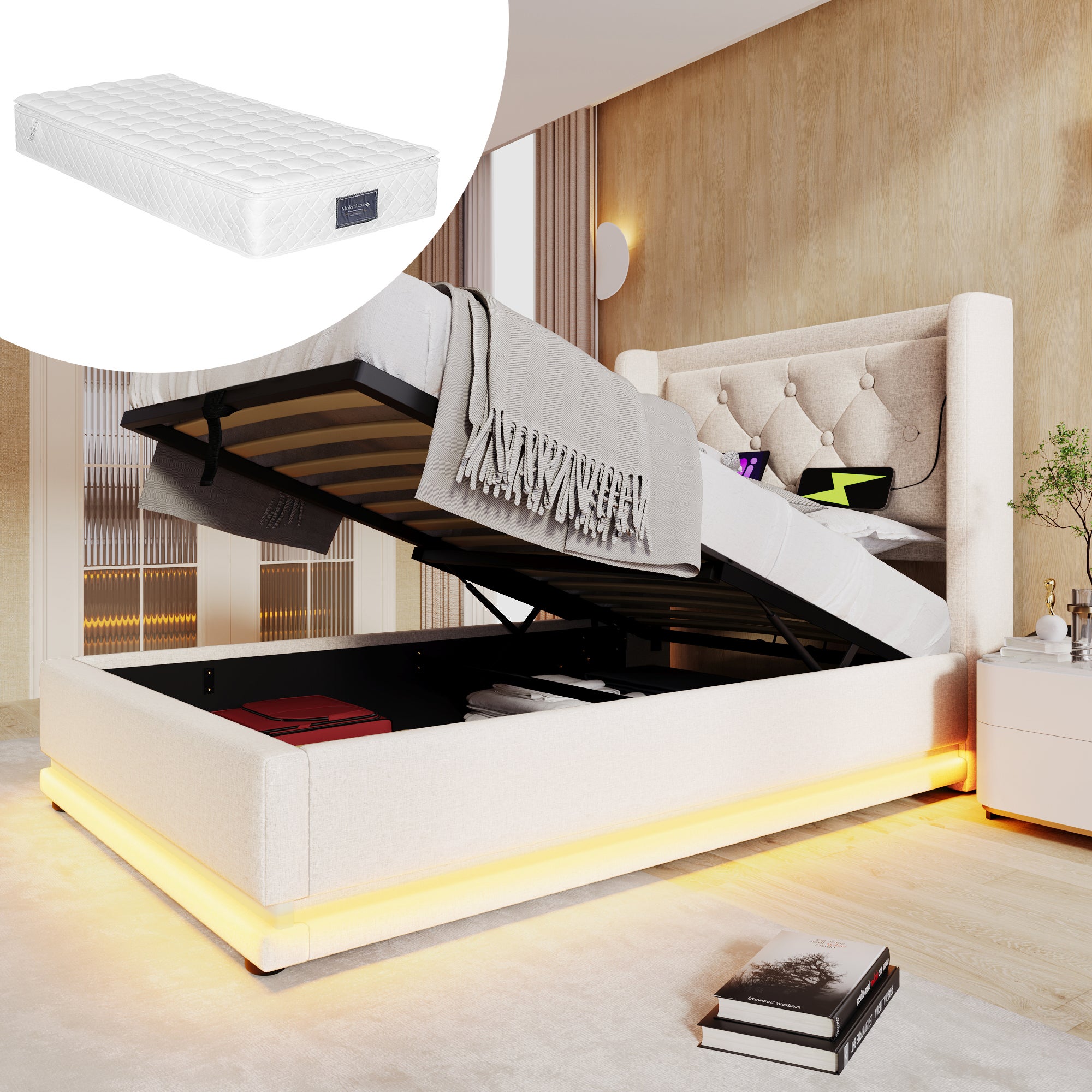 Lit coffre hydraulique 90x200 , Lit simple rembourré avec USB Type,C et ...