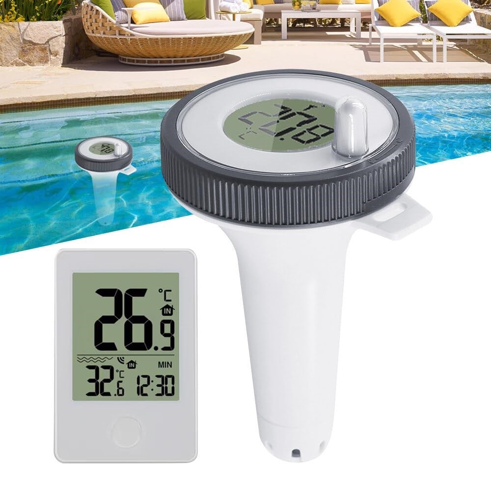 Thermomètre de piscine, avec température ambiante, fonction horloge ...