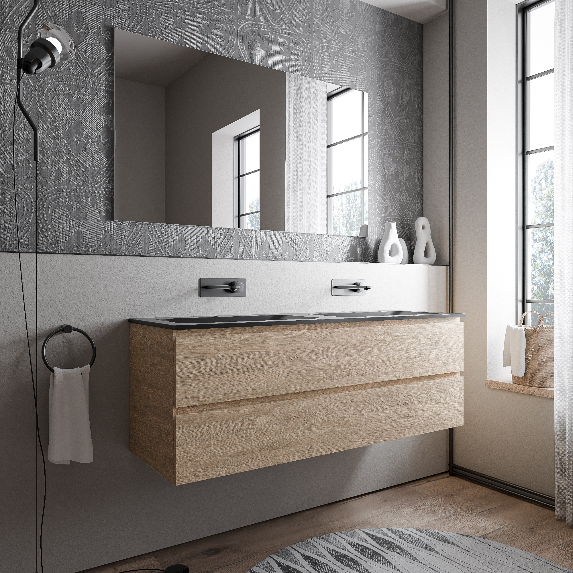 BERNSTEIN - Mueble lavabo doble suspendido MDF roble miel, 2 lavabos ...
