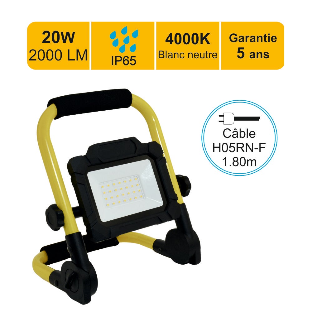 Projecteur de chantier LED 20W 2000 LM IP65 4000K câble 1,8M - garantie ...