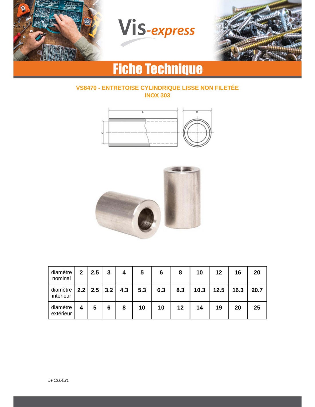 Entretoise Cylindrique Lisse 12X12 Diamètre Intérieur 8 Inox-30 pièces ...