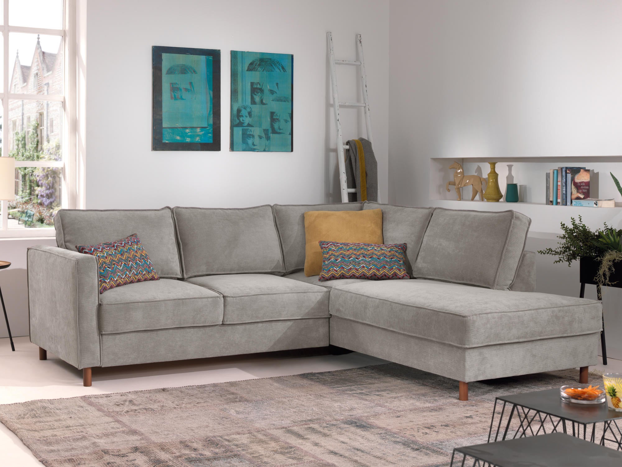 Canapé d'angle droit convertible 5 places en velours côtelé gris clair ...