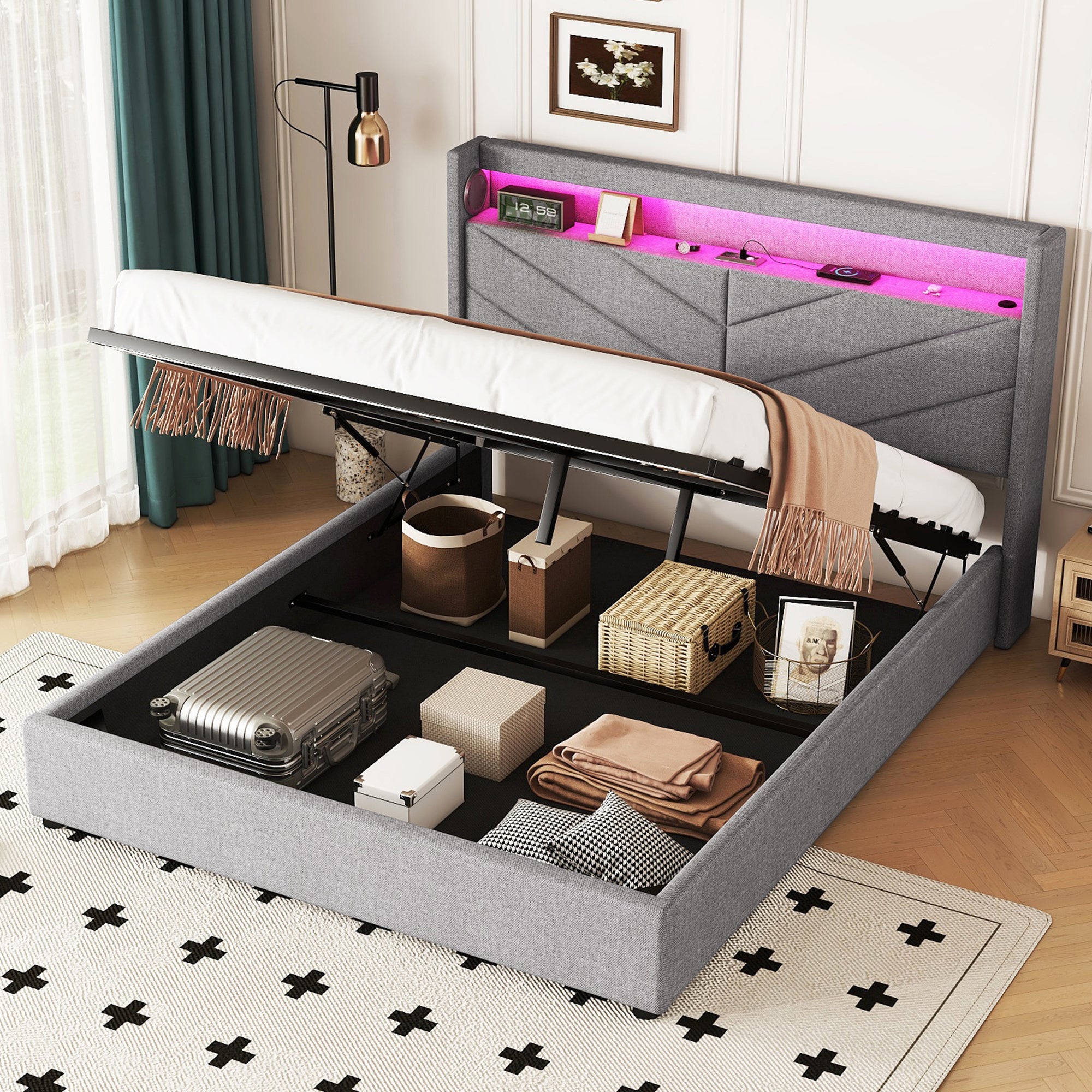 Lit coffre 160 x 200 cm avec tête de lit - LEDs et prise USB - Tissu en ...