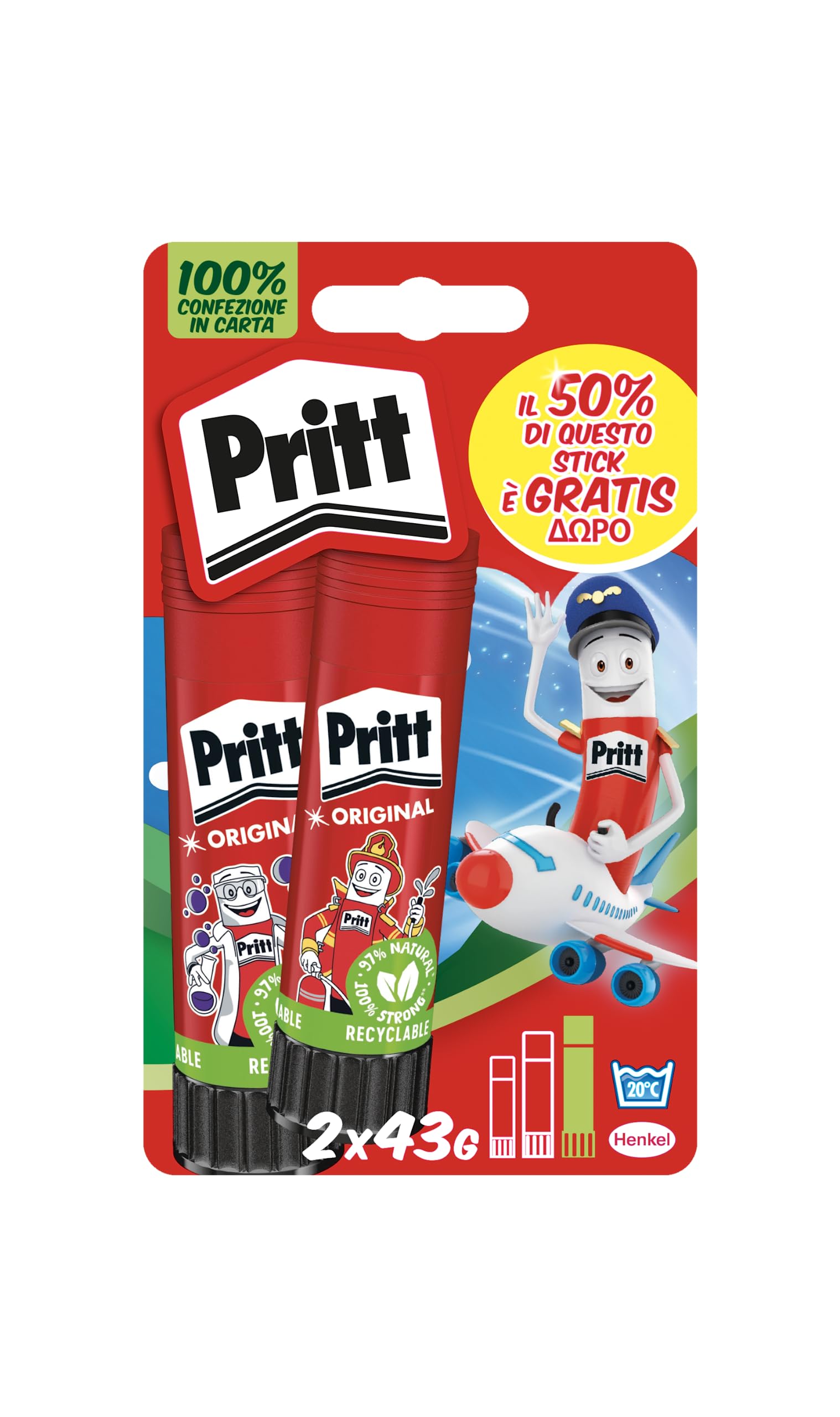 Pritt Colla Stick 2 x 43g, colla per bambini sicura e affidabile, colla ...