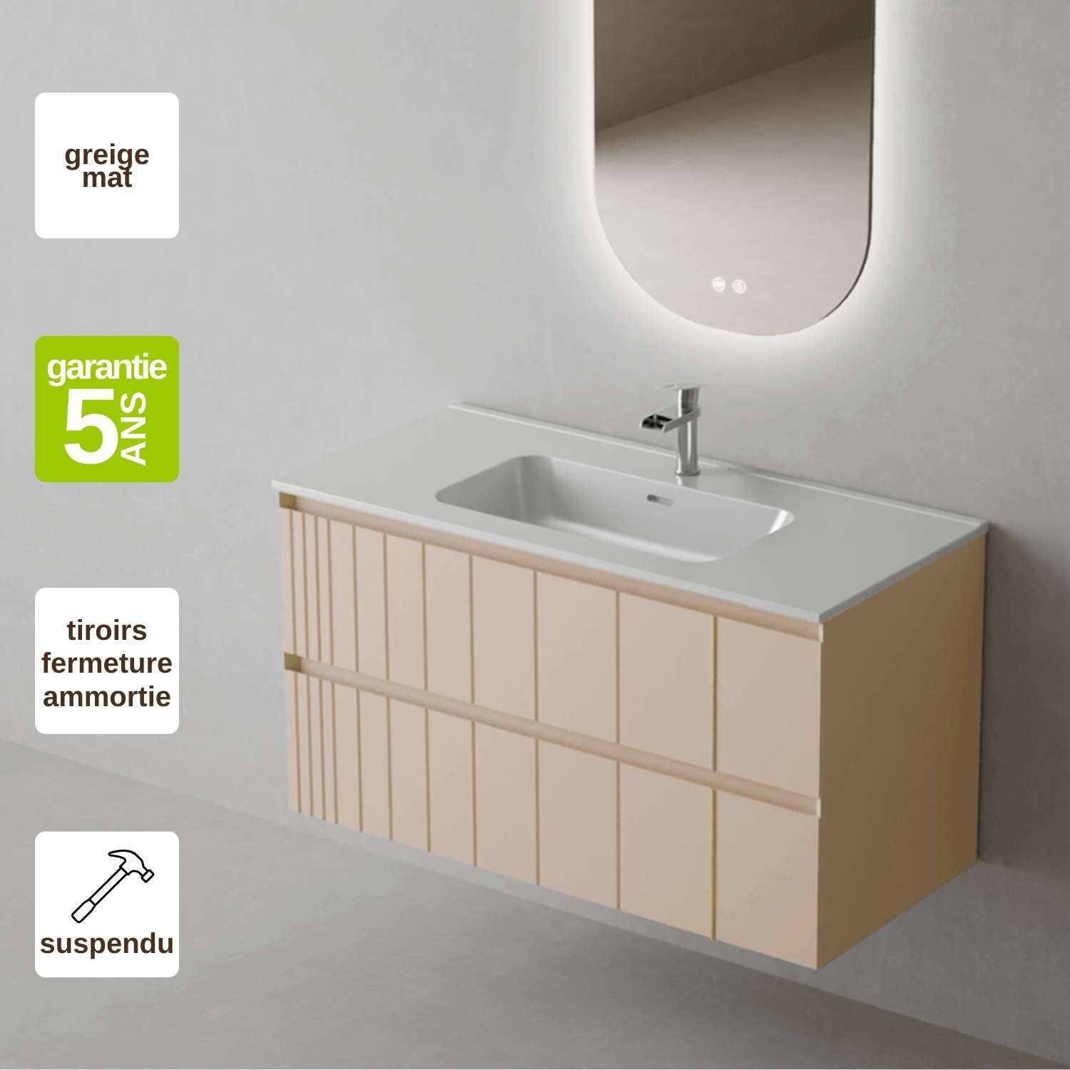 Meuble Salle de Bain POLE 61cm, Plan Vasque Solide Surface, 2 Tiroirs, Laqué Bleu Cobalt ...