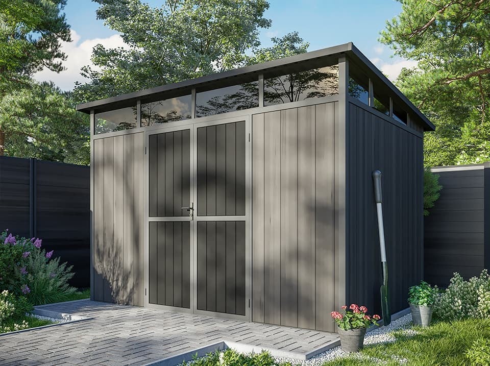 Abri de Jardin Bois Composite 7,5m2 Gris 363x223x227cm EVORA - Cabane a Outils - Local a Vélo ...