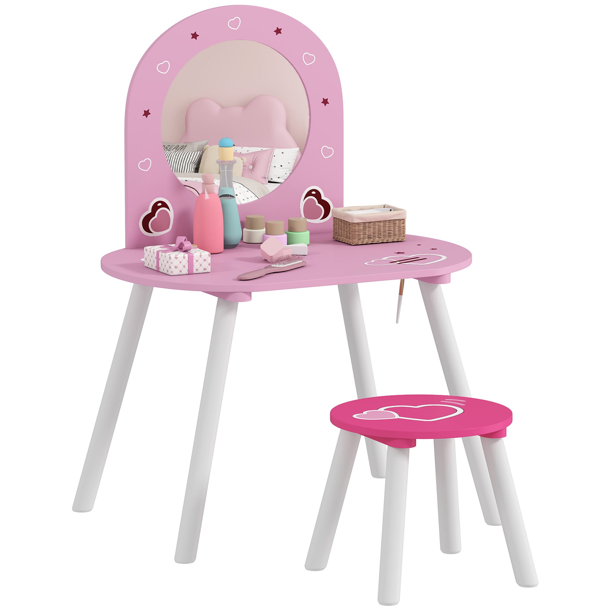 Kids Dressing Table with Mirror and Stool, Girls Vanity Set for Kids ...