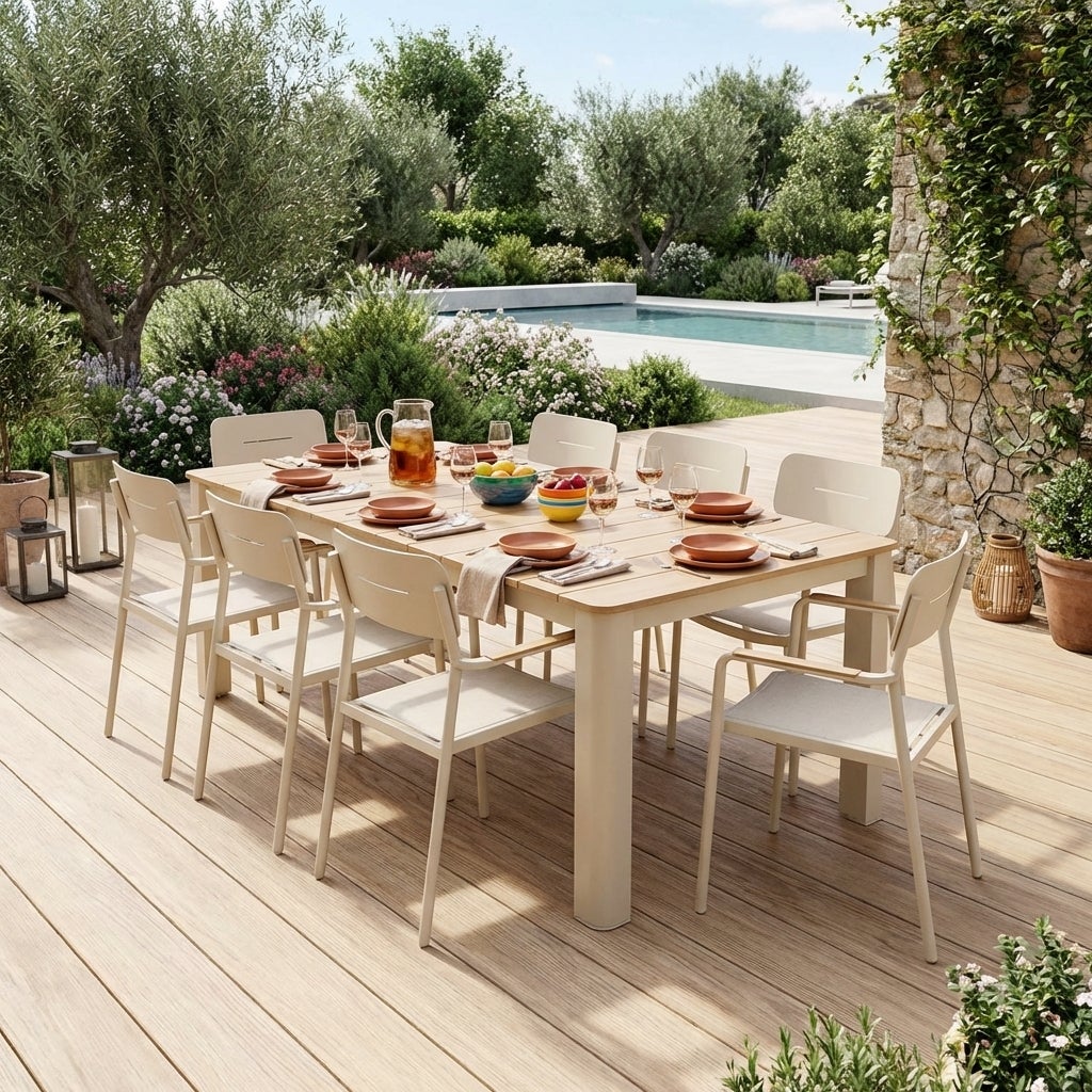 Table de jardin aluminium + 8 assises beige - Edera + Fira EDERA + FIRA ...