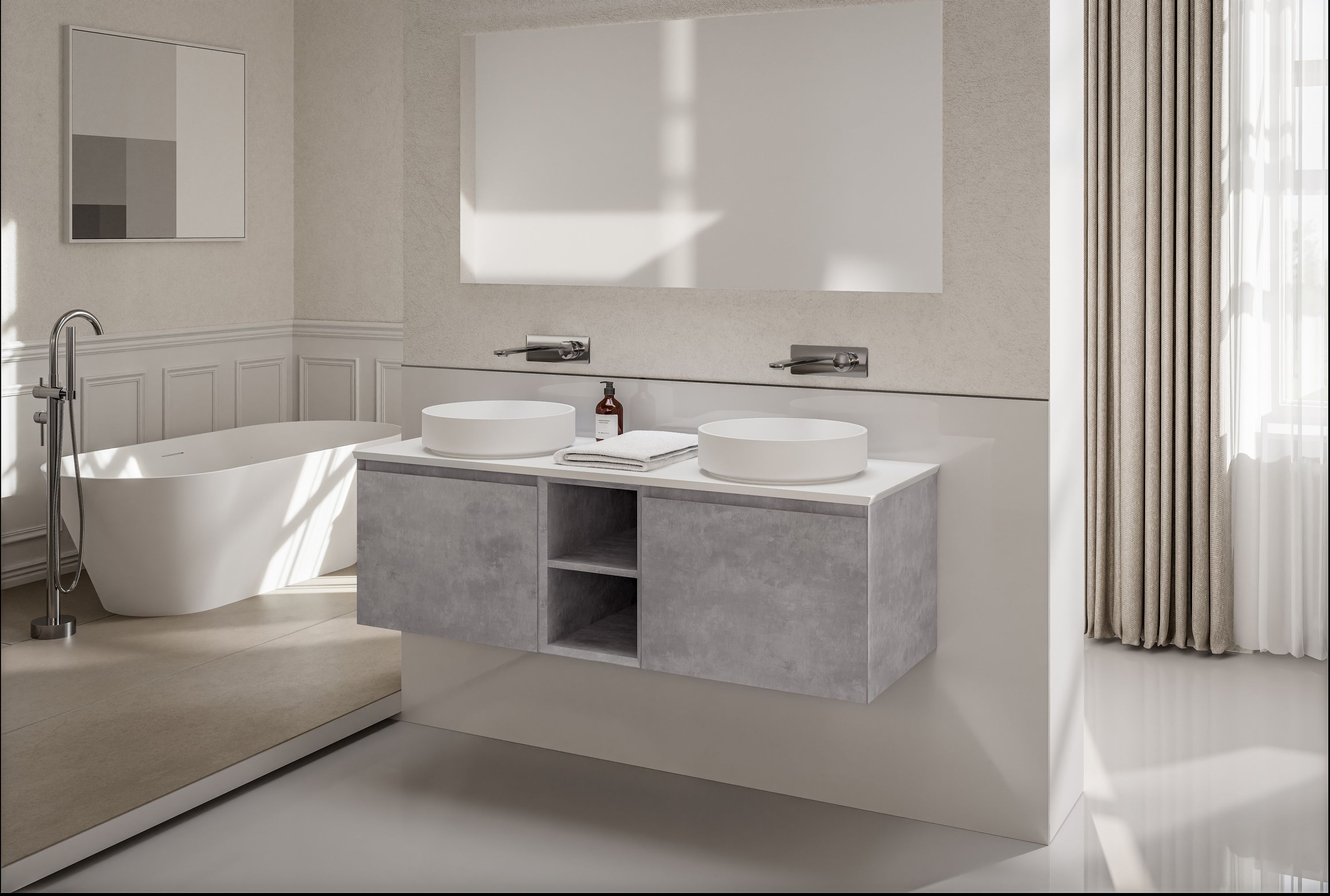 BERNSTEIN - Meuble vasque suspendu MDF Béton, lavabo fonte Blanc mat ...