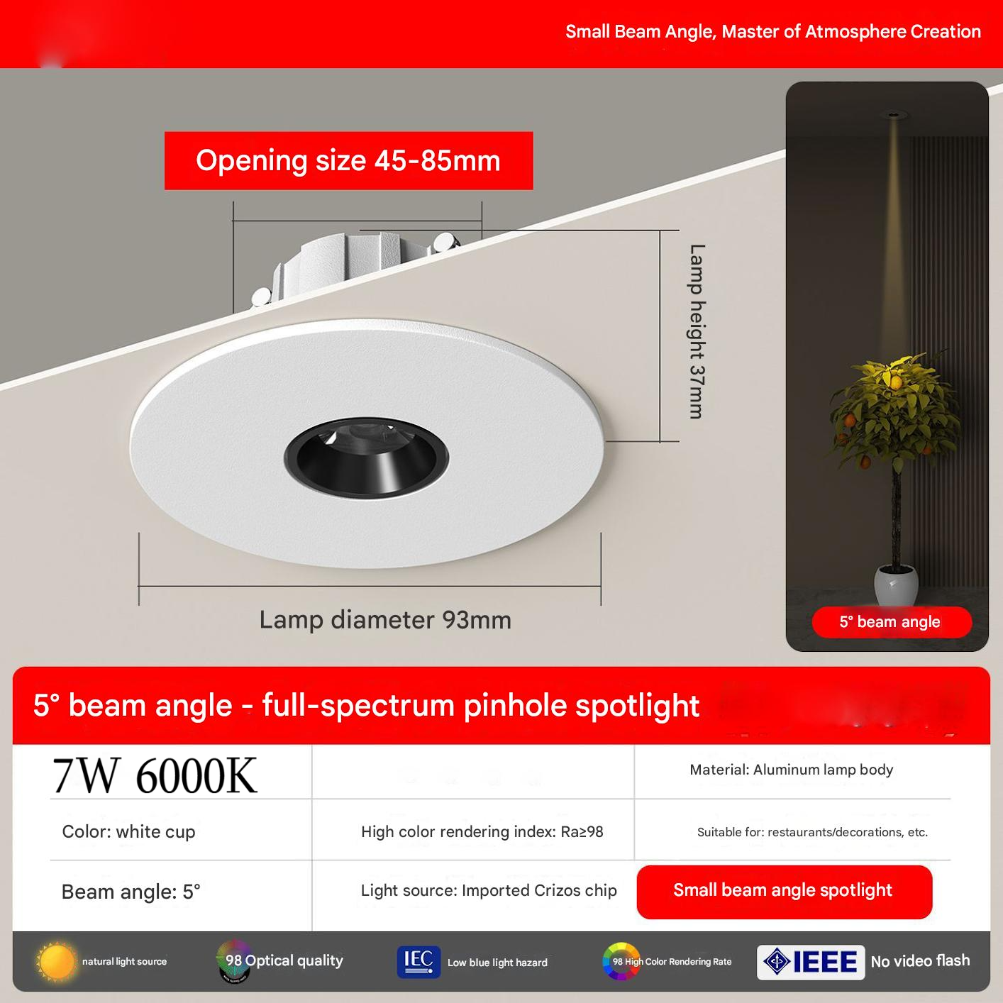 Spot encastré ultra-mince, angle de diffusion de 5/8/15°, indice de ...