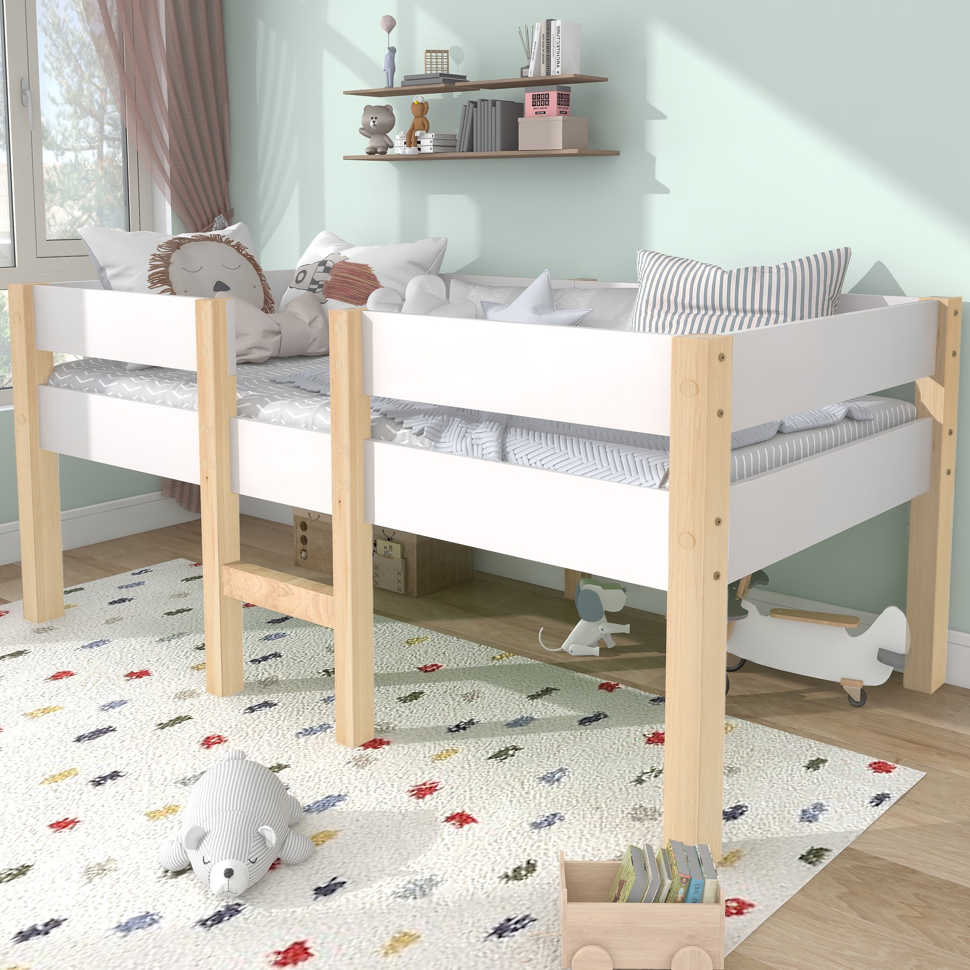 Cama infantil con protección contra caídas 90x200 cm, pino, roble, blanco y color roble (sin ...