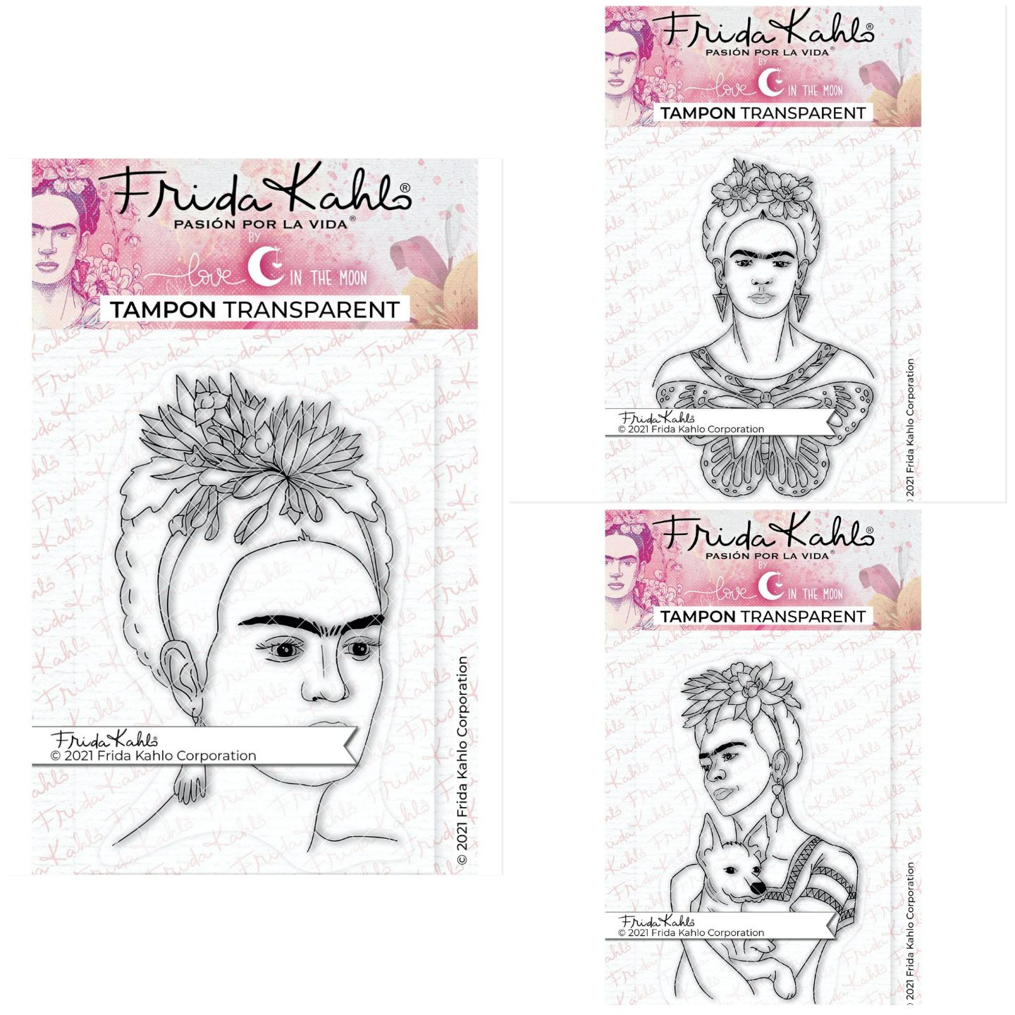 3 Tampons transparents - Frida Kahlo + Papillon + Chien - 9,5 x 6,5 cm ...
