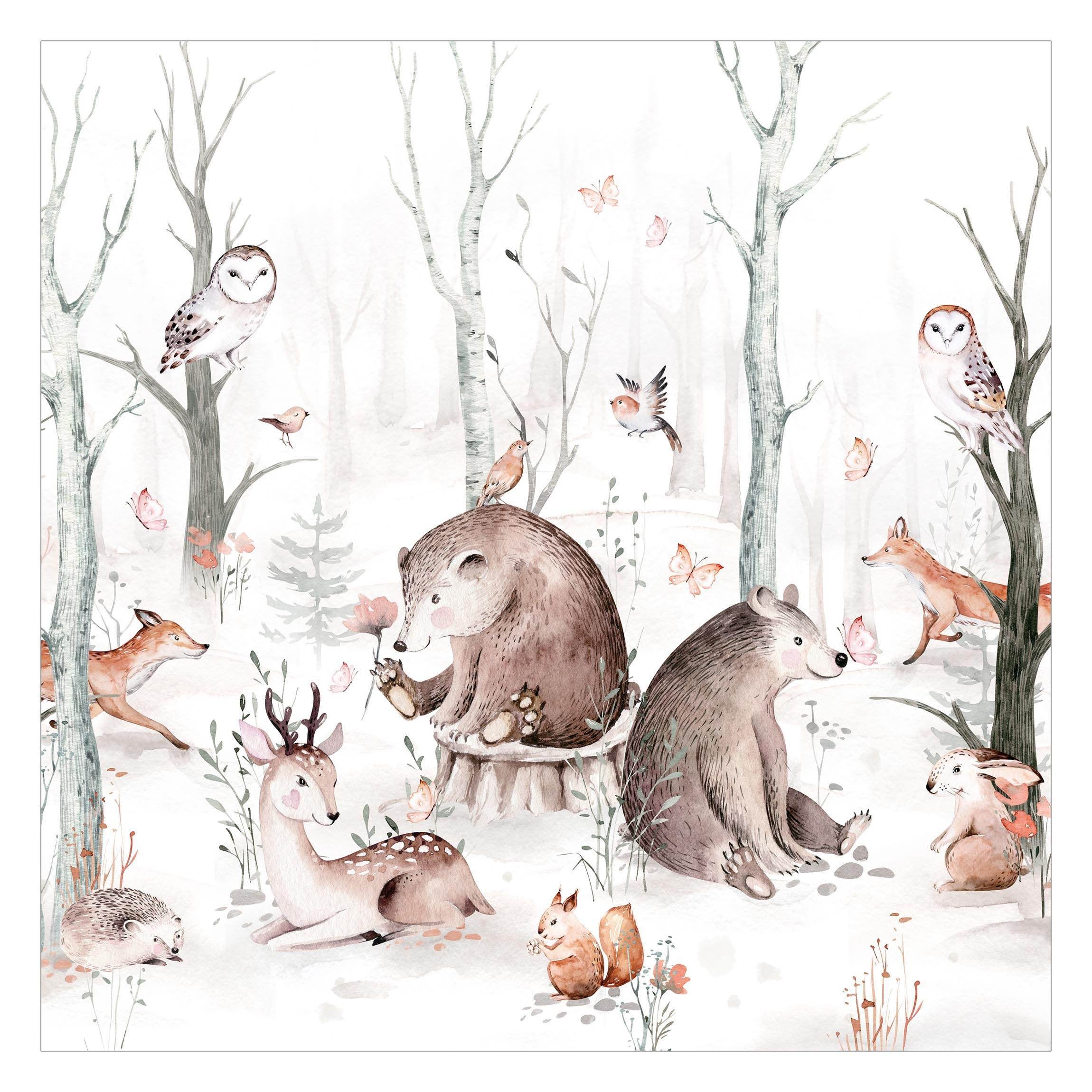 Papier peint panoramique aquarelle forêt animaux art nature 358 ...