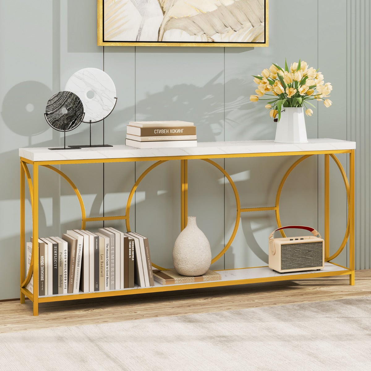 Console d'Entrée 180cm Marbre Blanc Doré 2 Niveaux Structure Métal ...
