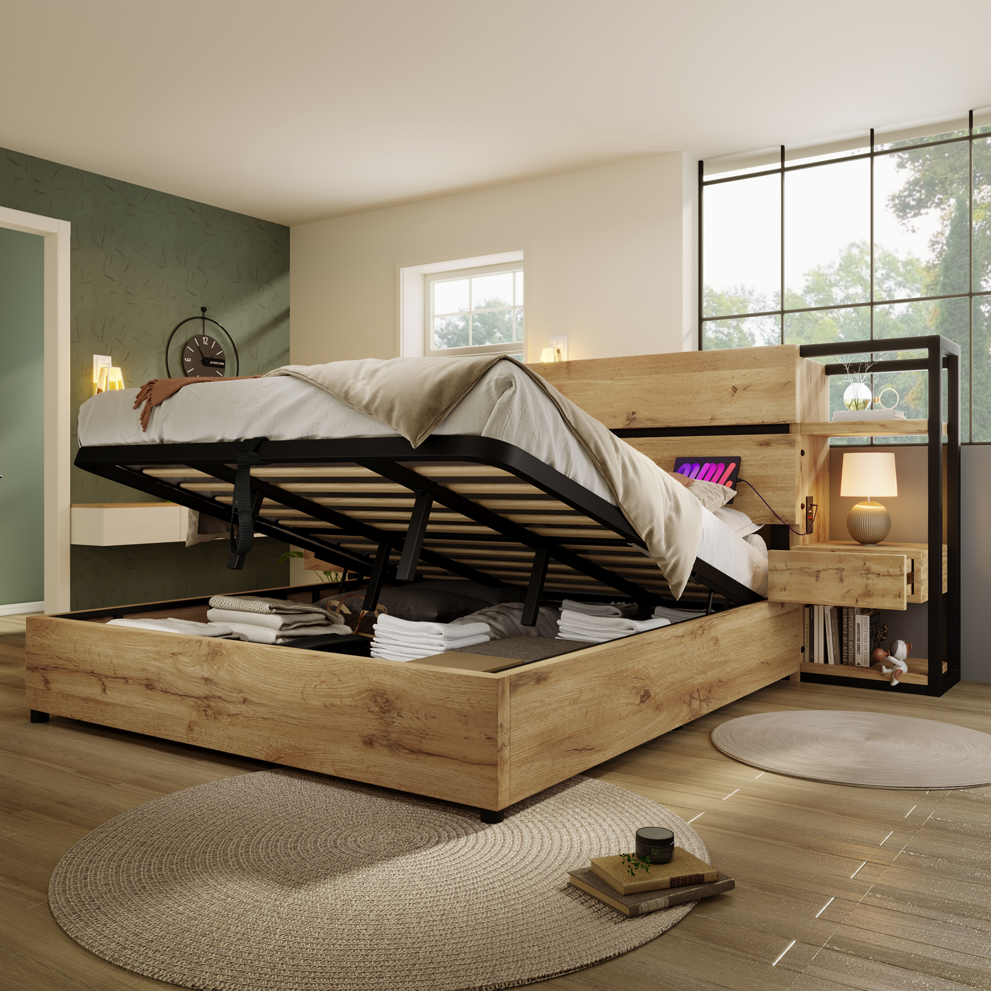 Cama arcón 160x200 cm Roble, Estación de carga USB/Type-C, sin colchón ...