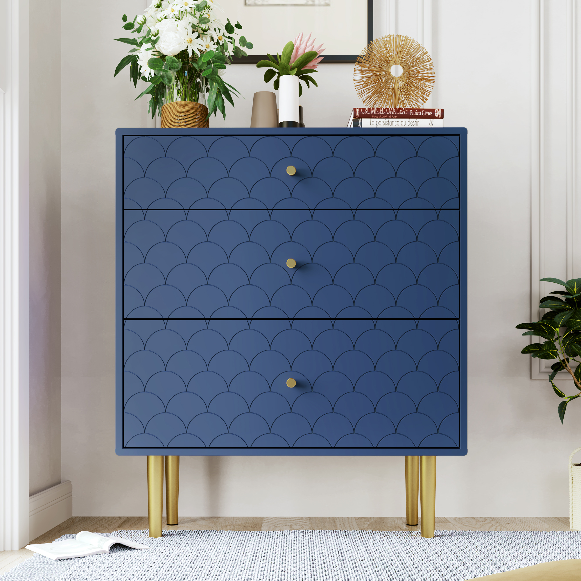 Commode avec 3 tiroirs pour chambres - 89 x 75 x 40 cm - bleu marine ...