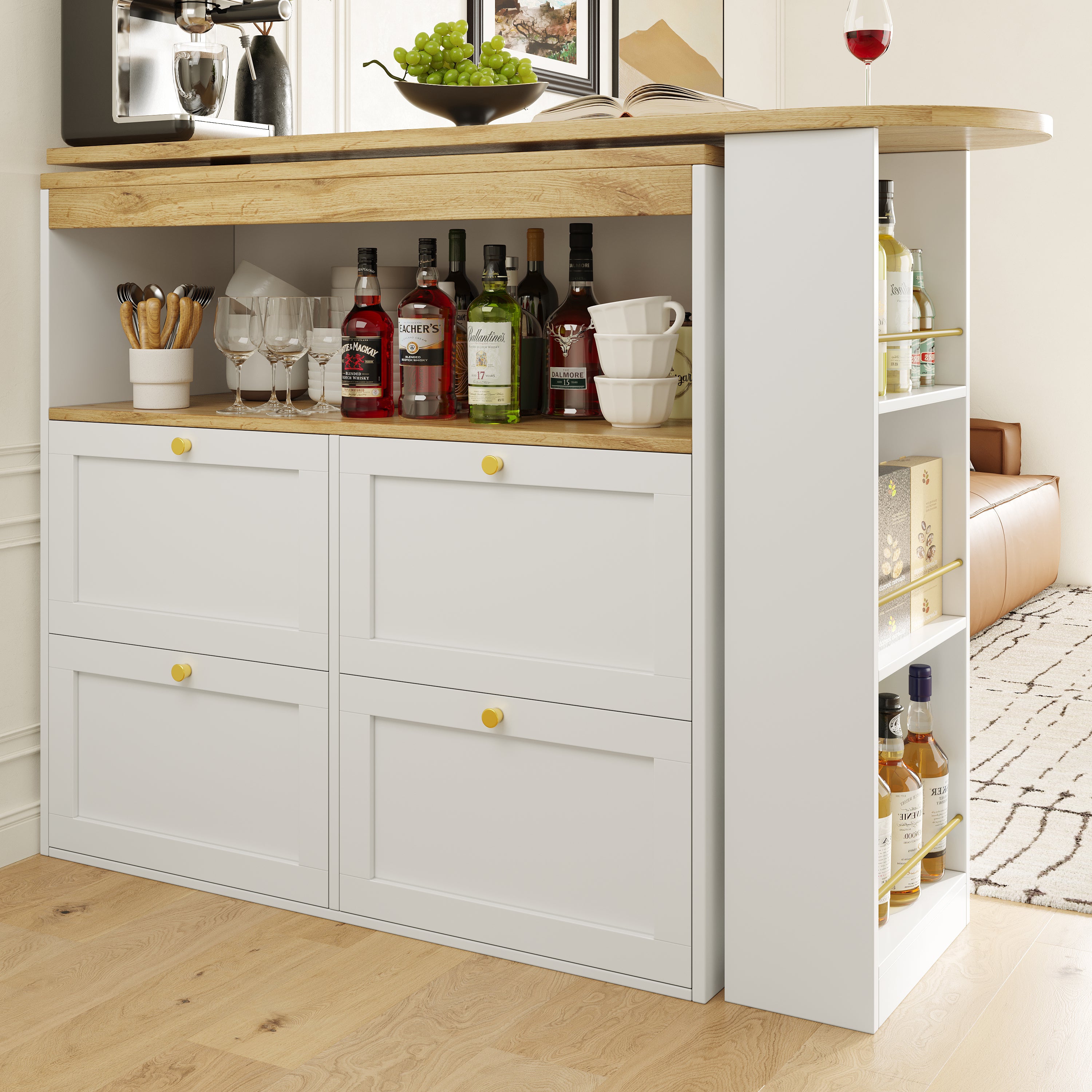 Table Bar Pivotante 360° , Avec 4 Tiroirs et Étagères Ouvertes, Meuble ...