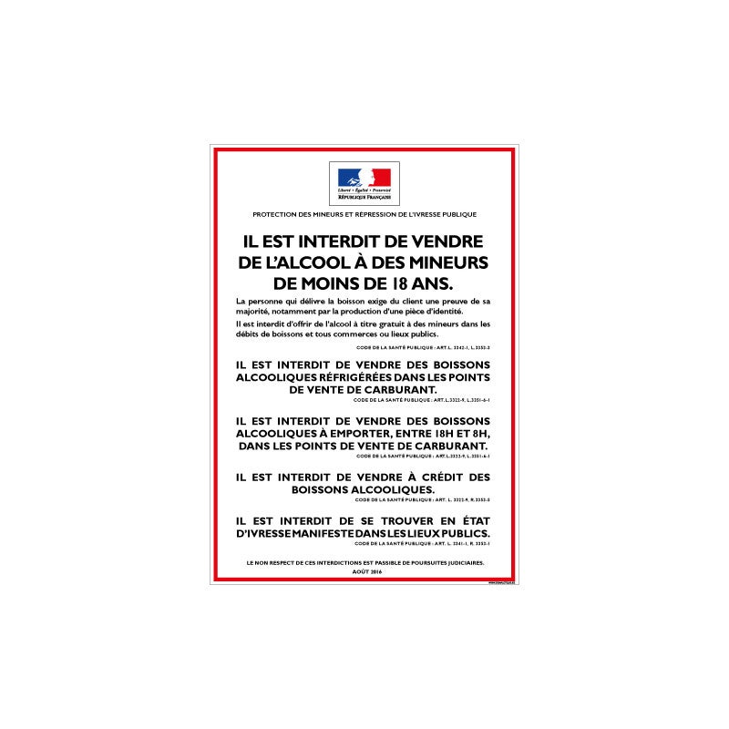 INTERDICTION VENTE ALCOOL AUX MINEURS (POUR POINT DE VENTE CARBURANT ...