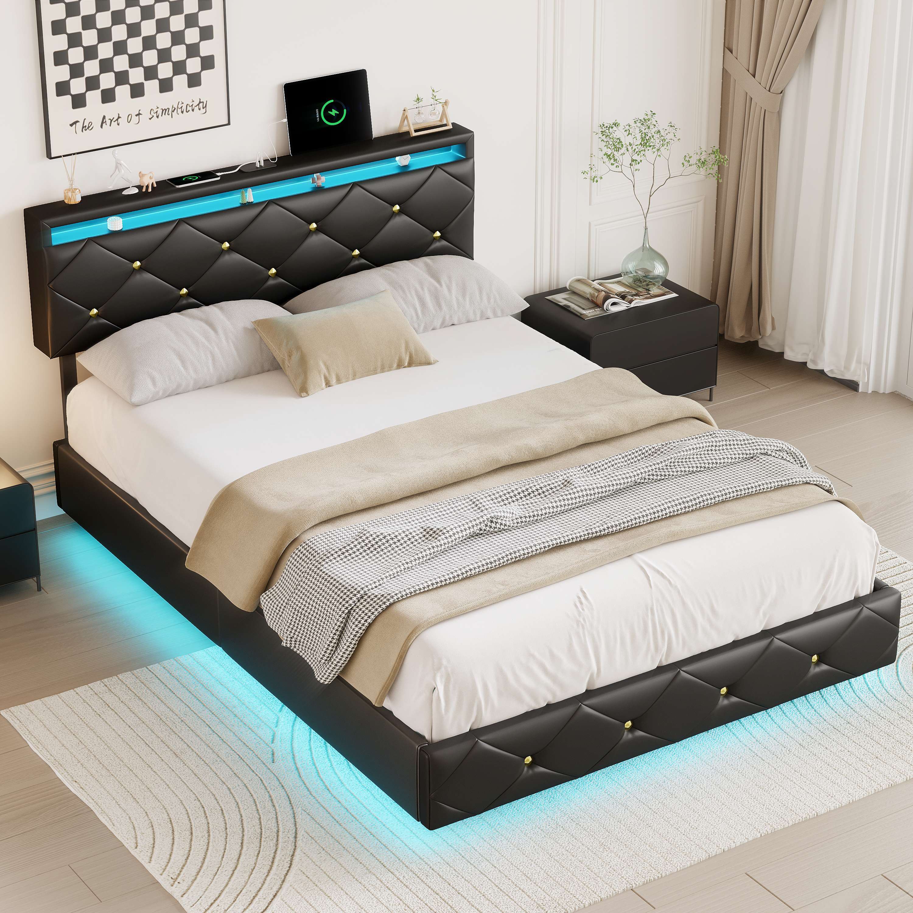 Cama 160 x 200 cm - Cama suspendida LED - Somier - Cabecero ajustable ...