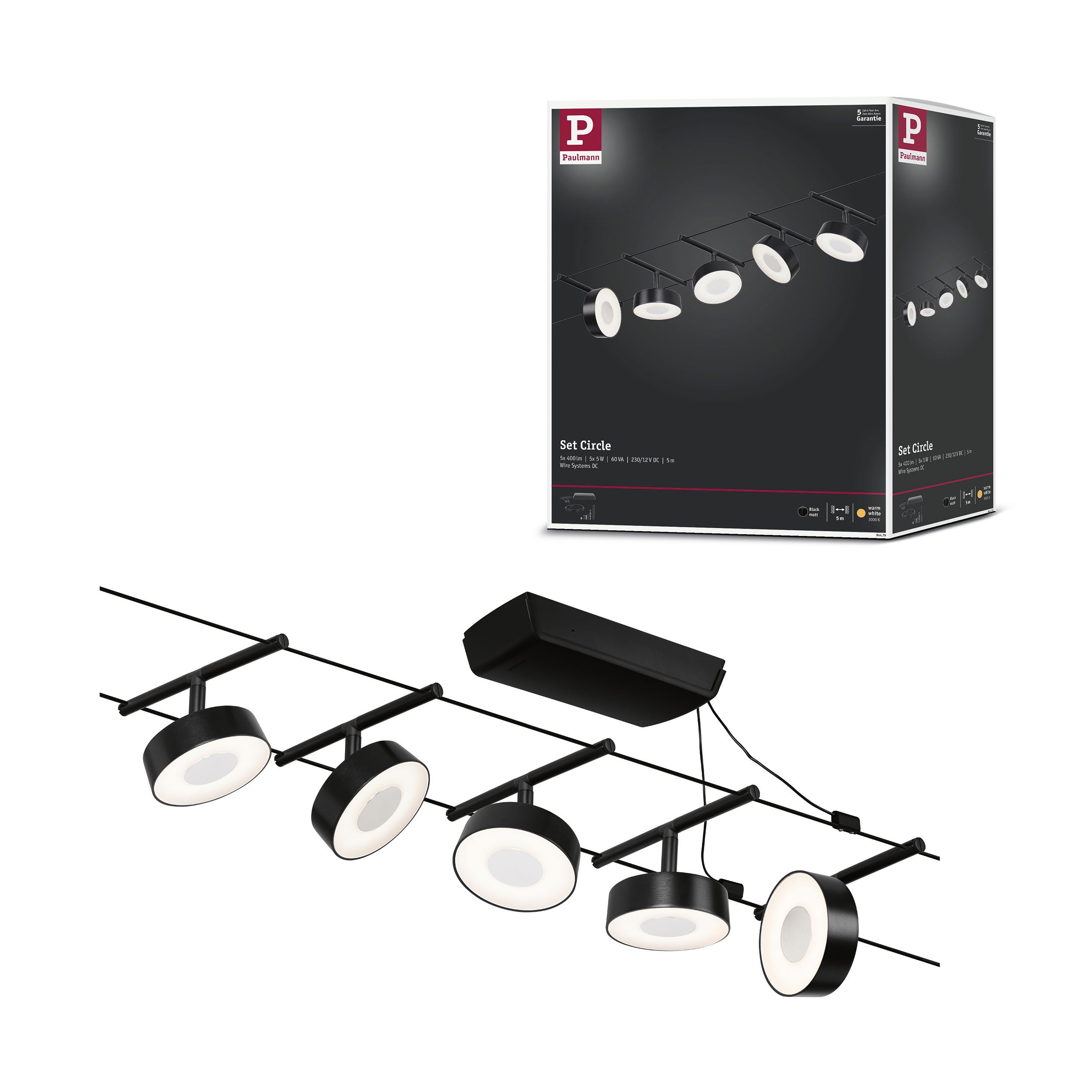 CorDuo Système sur câbles LED Circle Kit de base 5x180lm 5x5W 3000K 230 ...