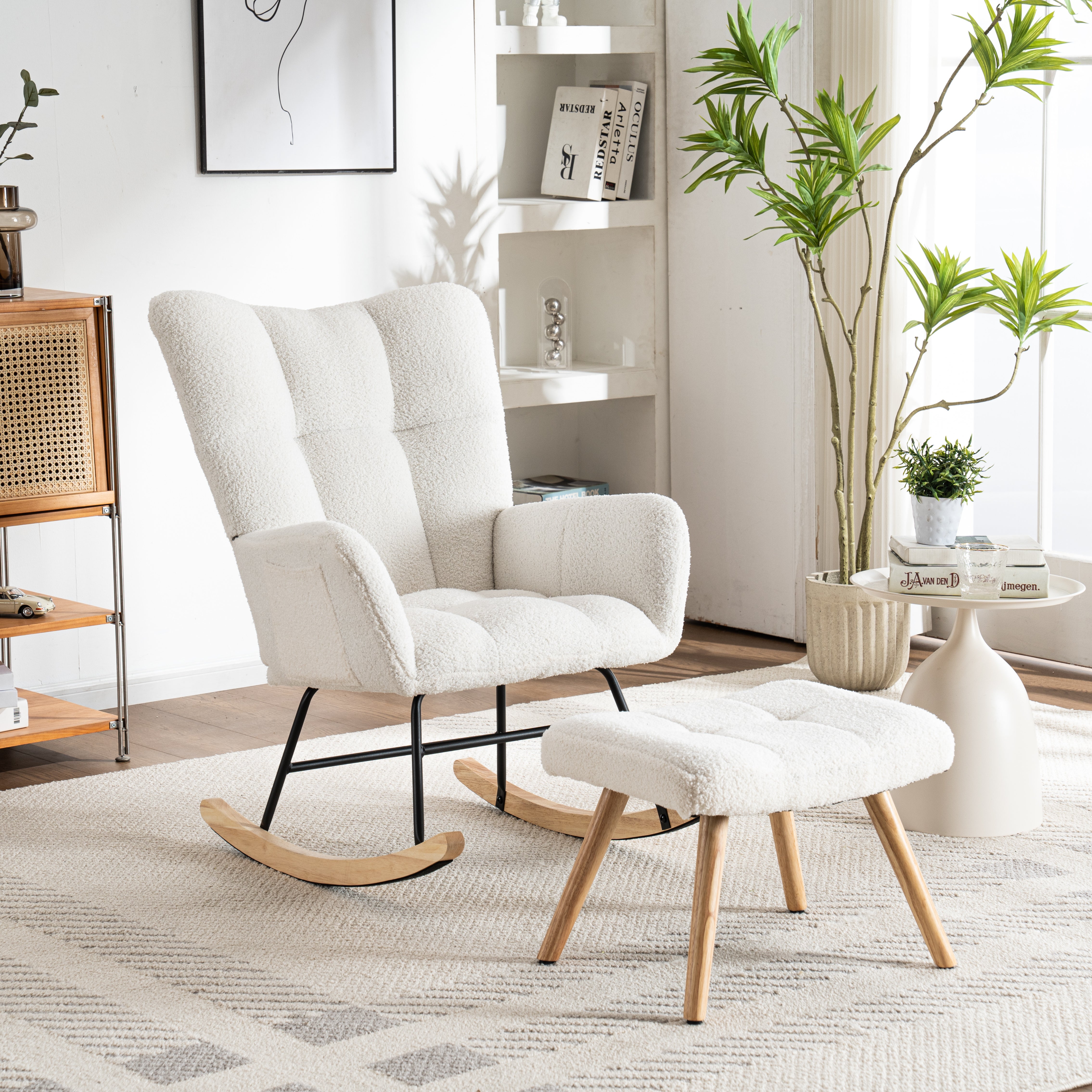 Fauteuil à bascule、Rocking chair en tissu bouclette - avec repose-pieds ...