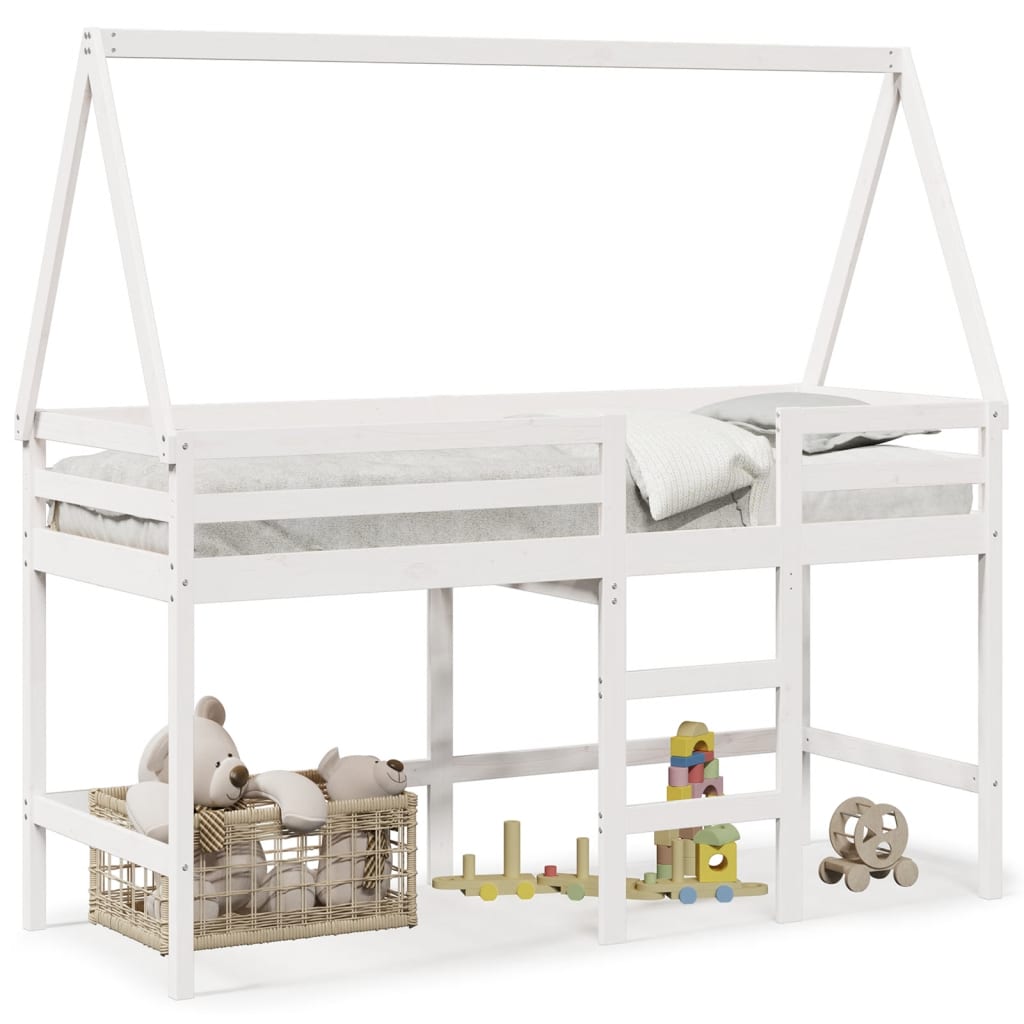 Letto alto con scaletta e tetto, in legno massello di pino bianco ...