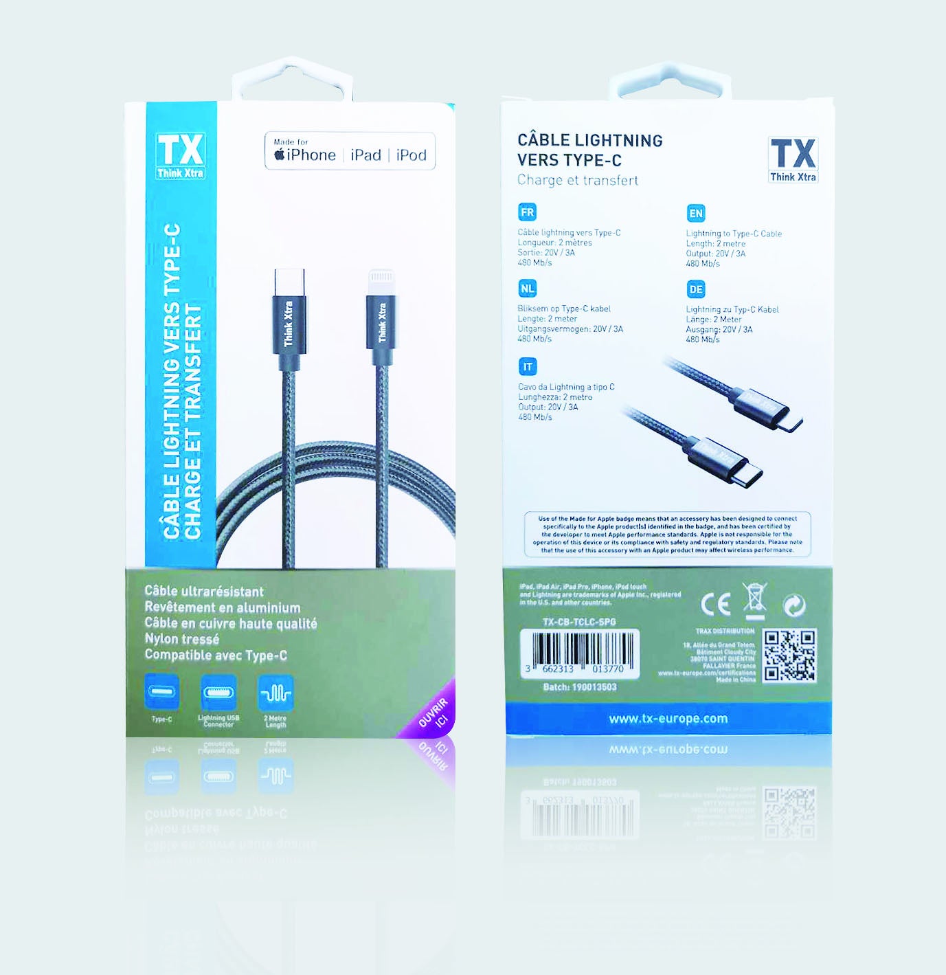 Câble nylon lightning vers type C 2m Tx Think Xtra charge et transfert | Leroy Merlin