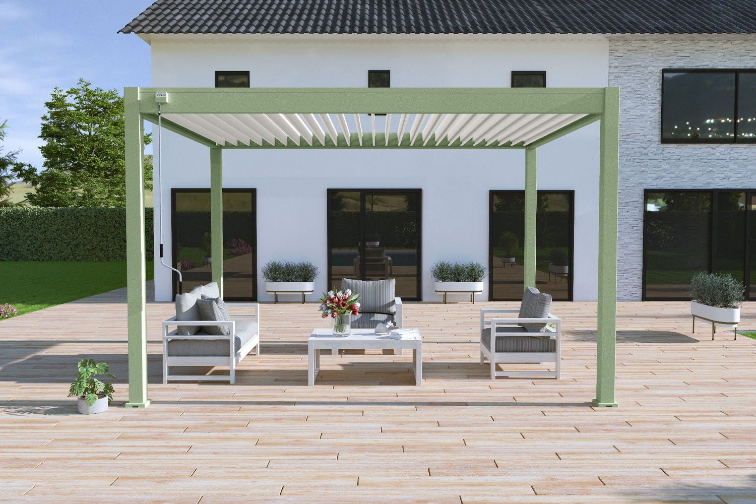 Pergola bioclimatica autoportante verde/bianca - 300 x 400 x H. 258 cm ...