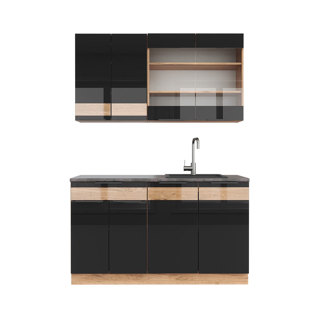 Vicco Cocina para solteros Fame-Line, Roble negro alto brillo/roble ...