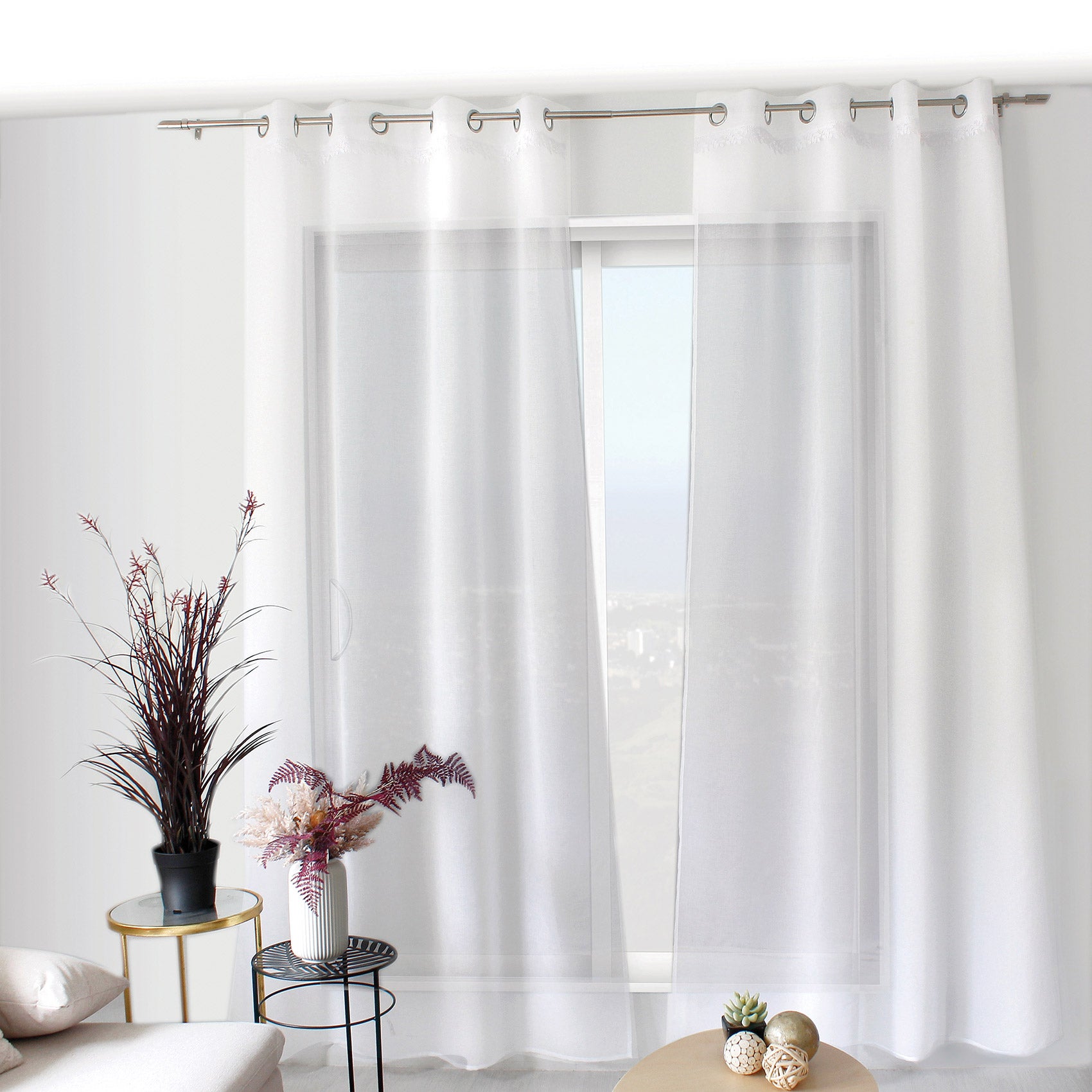 Voilage tamisant avec galon feuille en macramé - Blanc - 140x240 cm ...