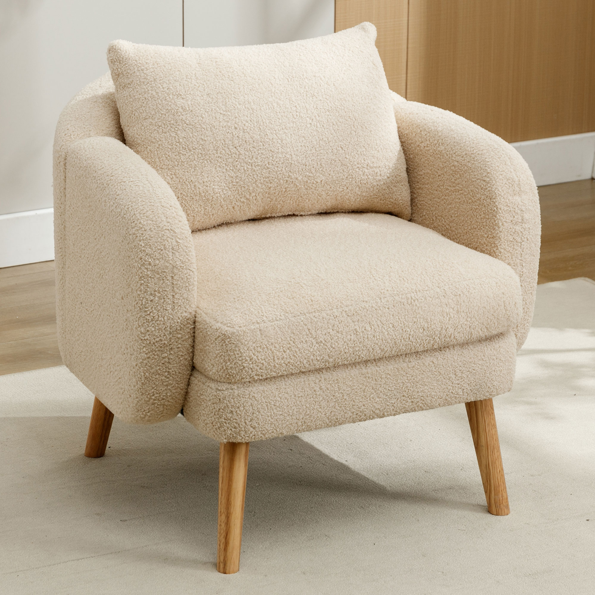 Sillón de tela Teddy con cojín - patas de madera maciza - beige | Leroy ...
