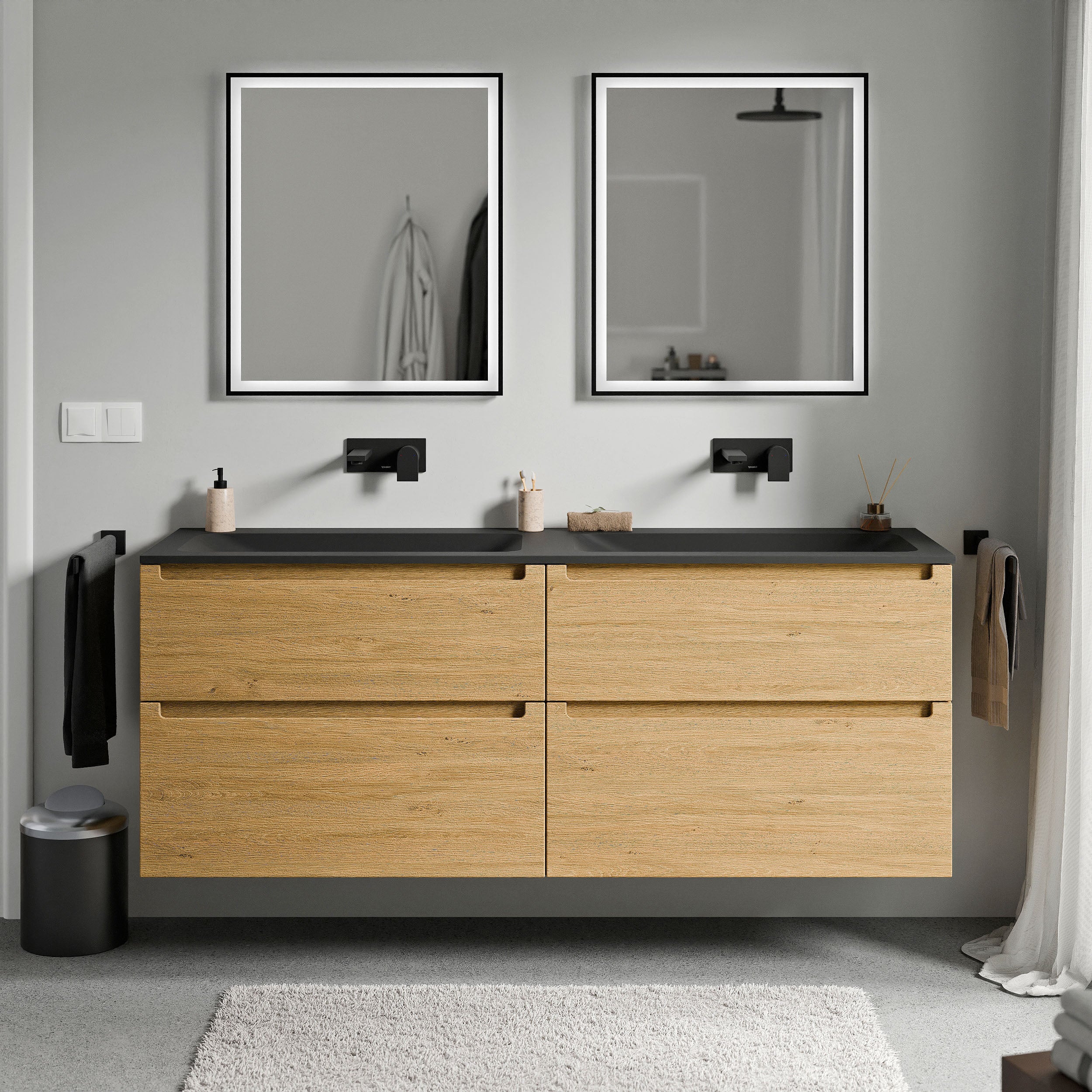 BERNSTEIN - Meuble double vasque suspendu MDF Chêne miel, lavabos fonte ...