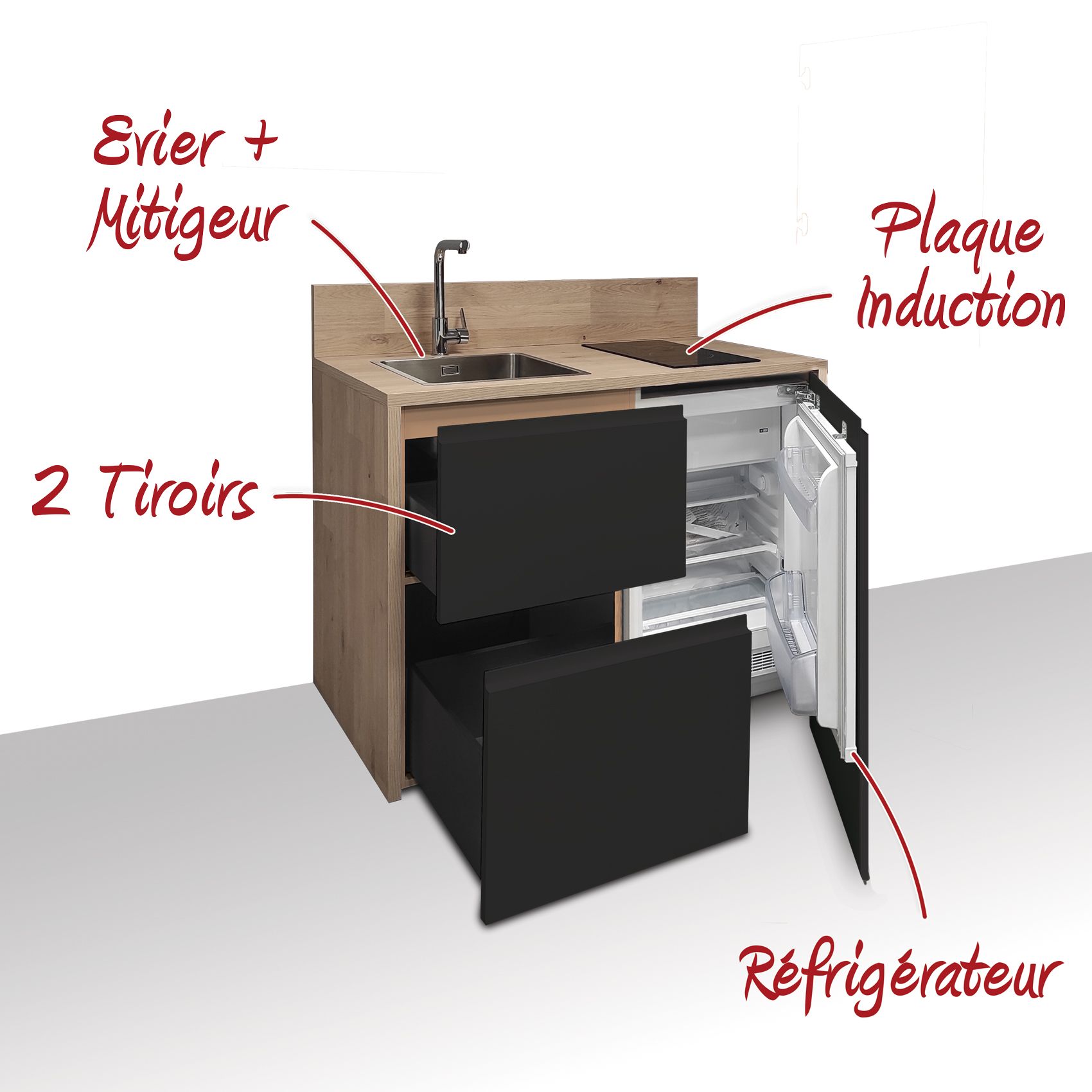 Kitchenette / Mini-Cuisine BASSE 126cm Noire VALINO - INCLUS : Plaque ...