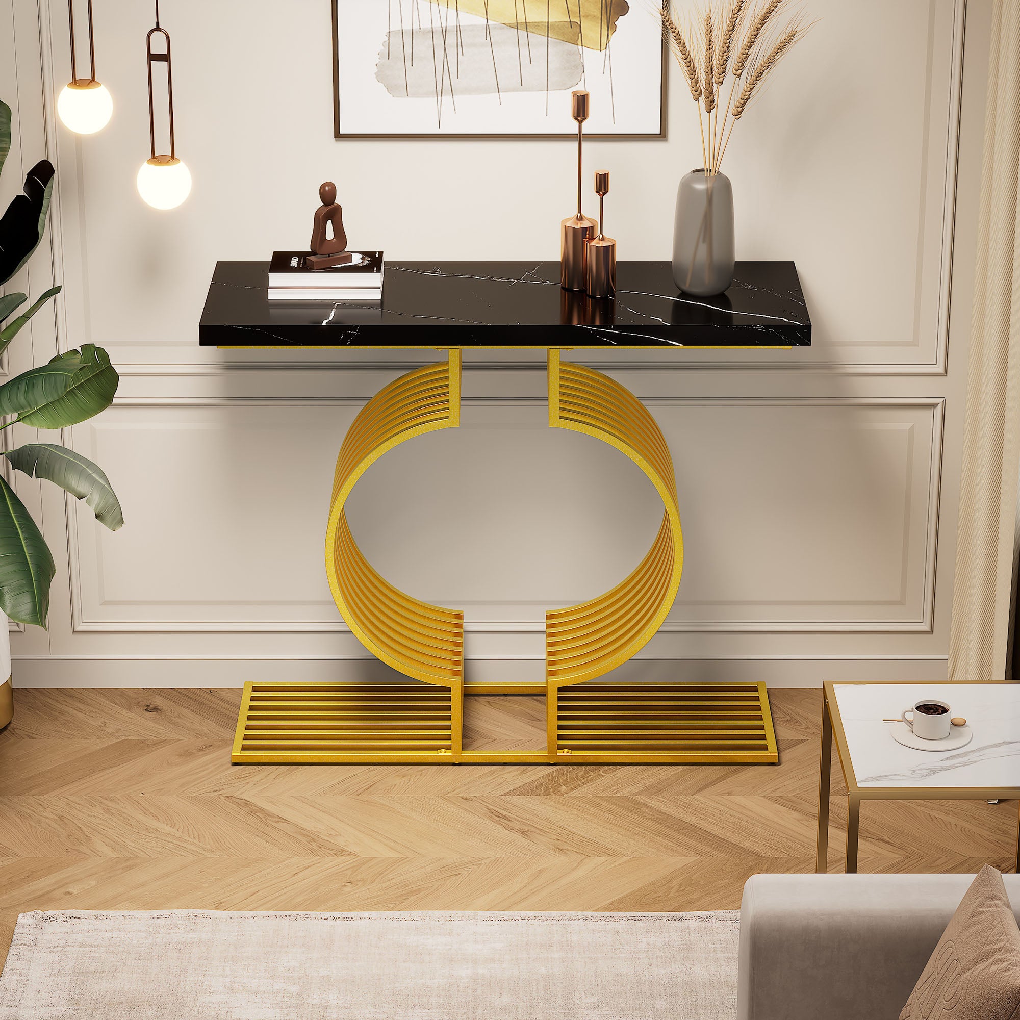 Table console moderne - 100 x 30 x 80 cm - MDF et pieds en métal dorés ...