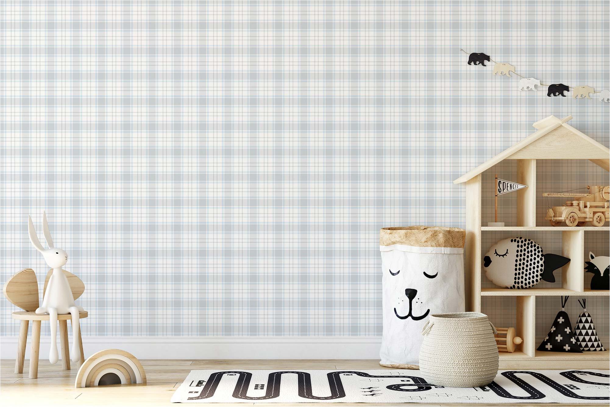 Papier Peint Chambre enfant M1-No.732 Bleu Gris Kariert Géometrique ...