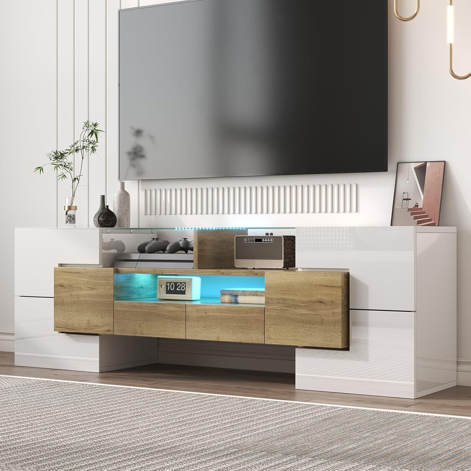 Meuble TV LED Moderne, 145x30x51cm, Meuble télé avec 2 tiroirs et 6 ...